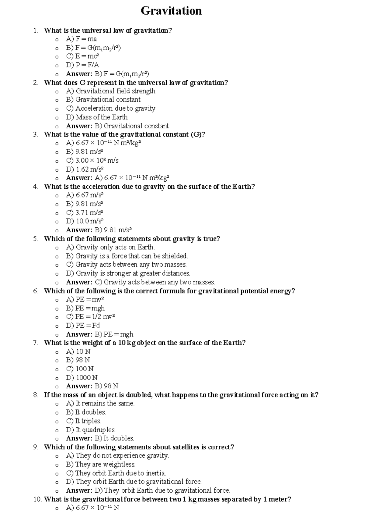Gravitation Quiz: Understanding the Universal Law (Course Code: GRAV101 ...