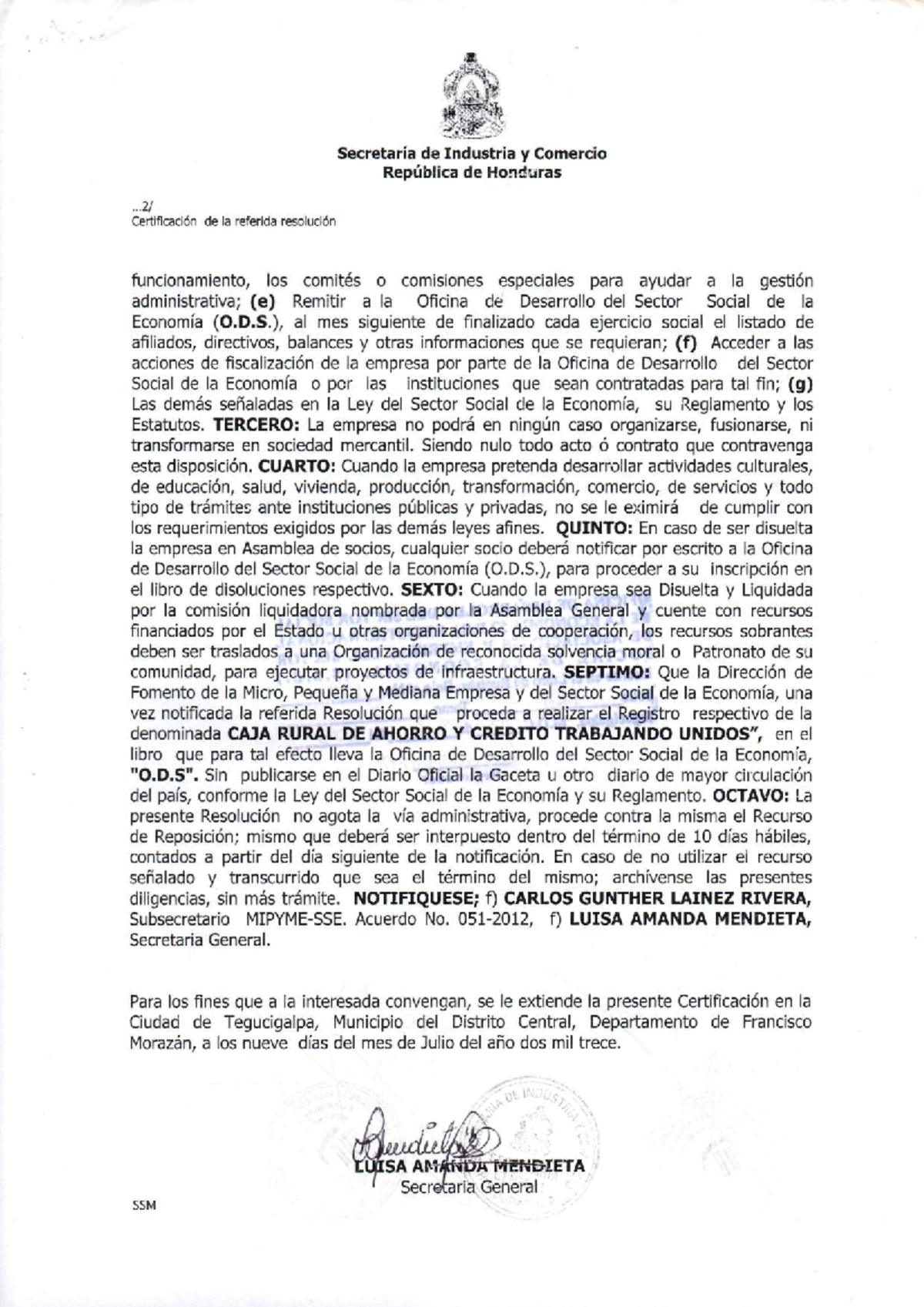 Certificación de Personería Jurídica - SSM - Honduras - Studocu