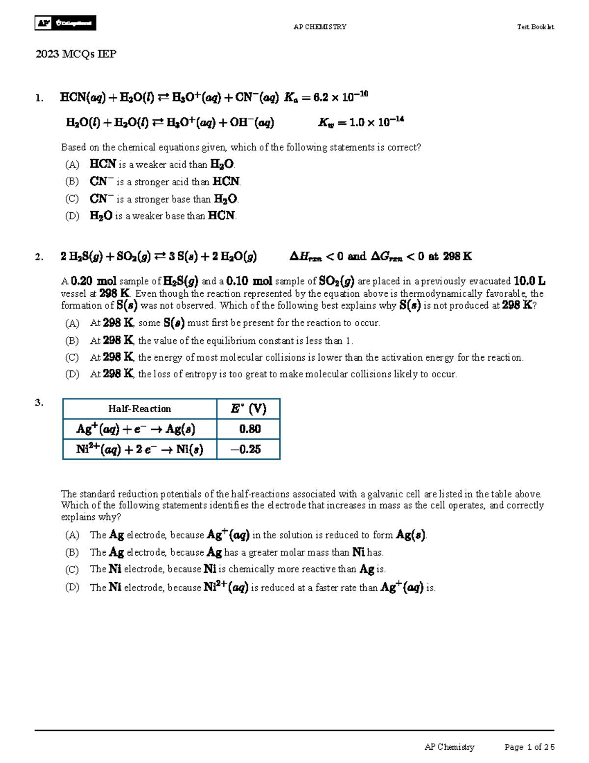 Practice MC 2024 - AP Chem 2023 Multiple Choice Questions IEP - Studocu