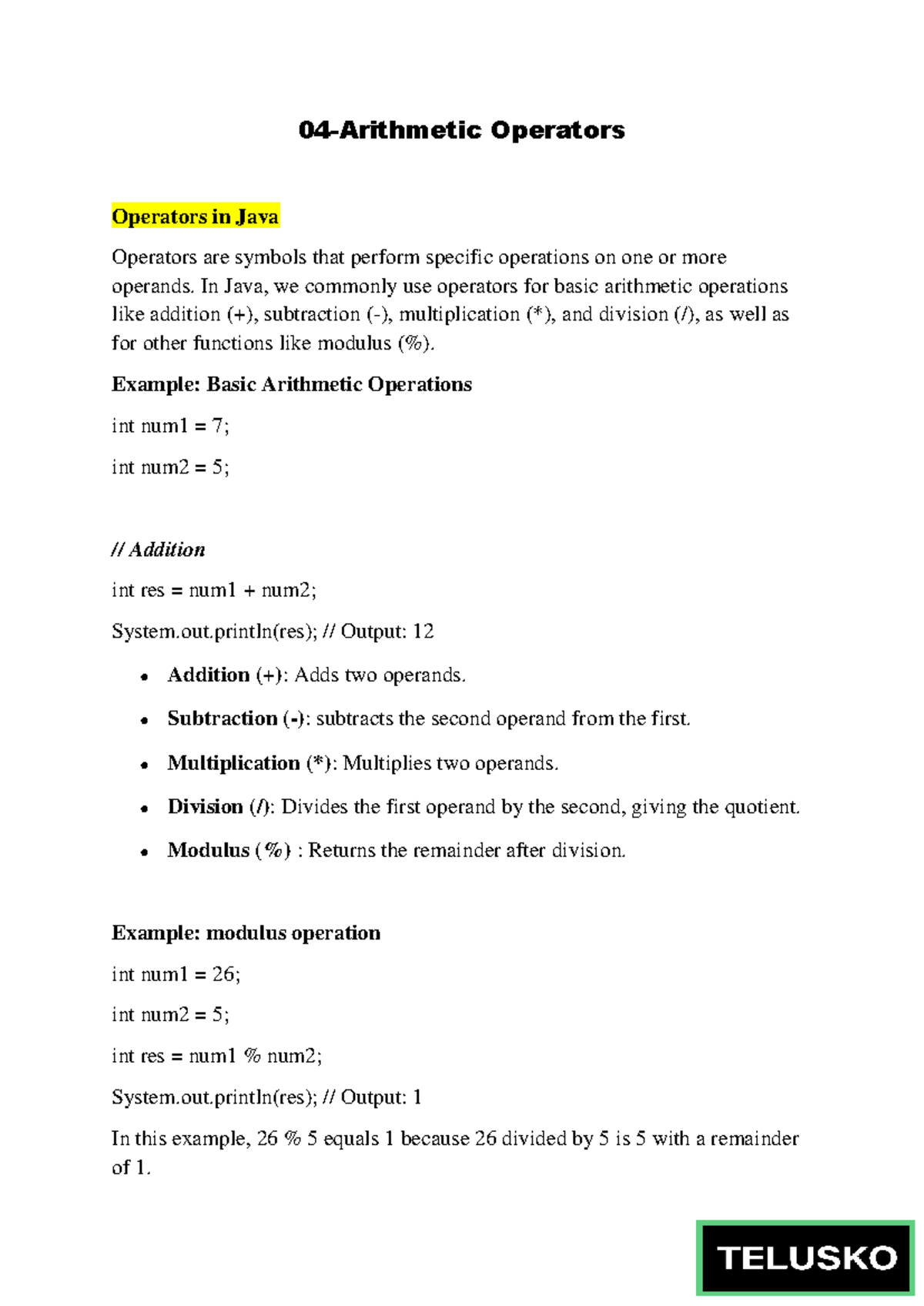 Java Operators: Understanding Arithmetic & Increment/Decrement - Studocu