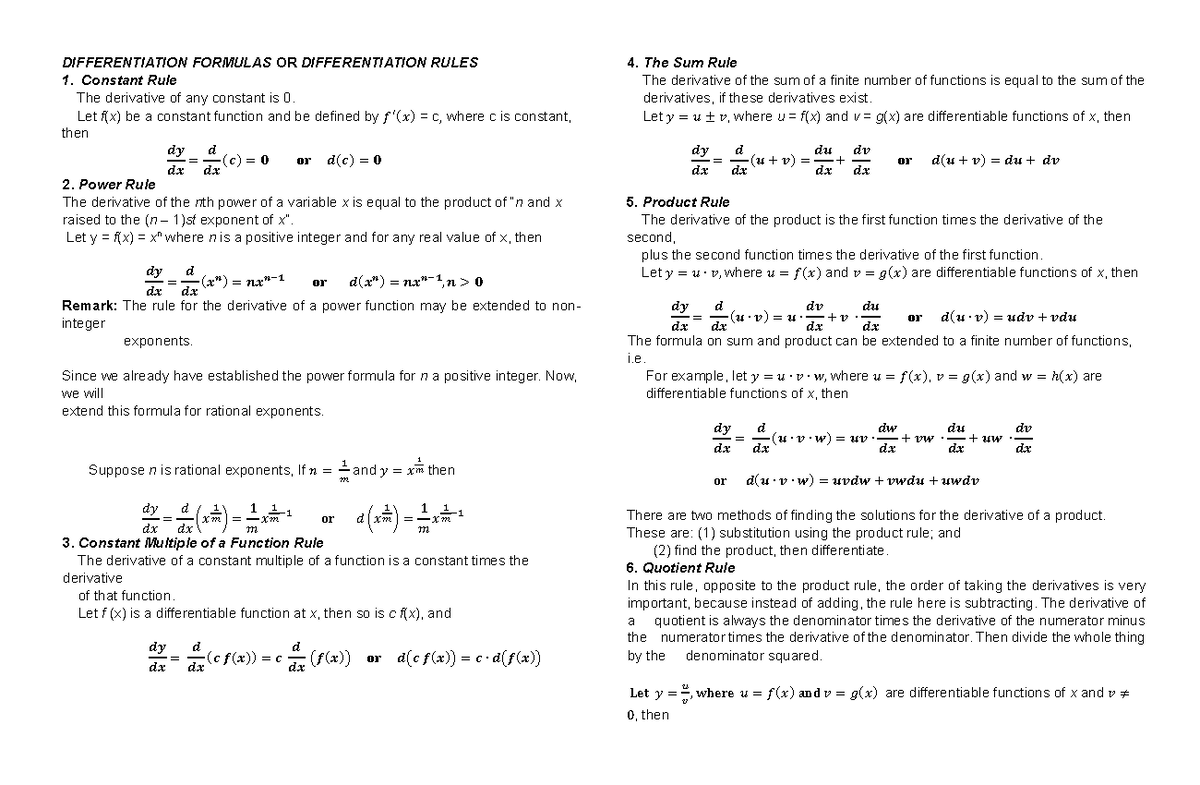 Differentiation Formulas OR Differentiation Rules 1 - DIFFERENTIATION FORMULAS OR ...