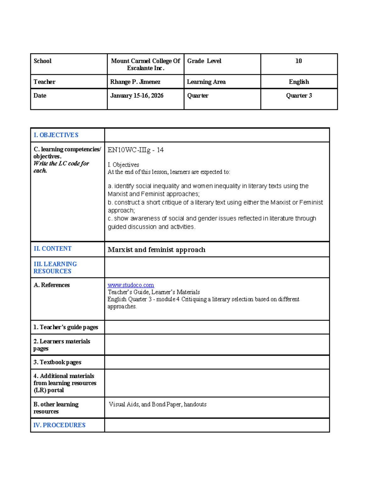 Marxist and Feminist Literary Approaches - Grade 10 English Q3 - Studocu