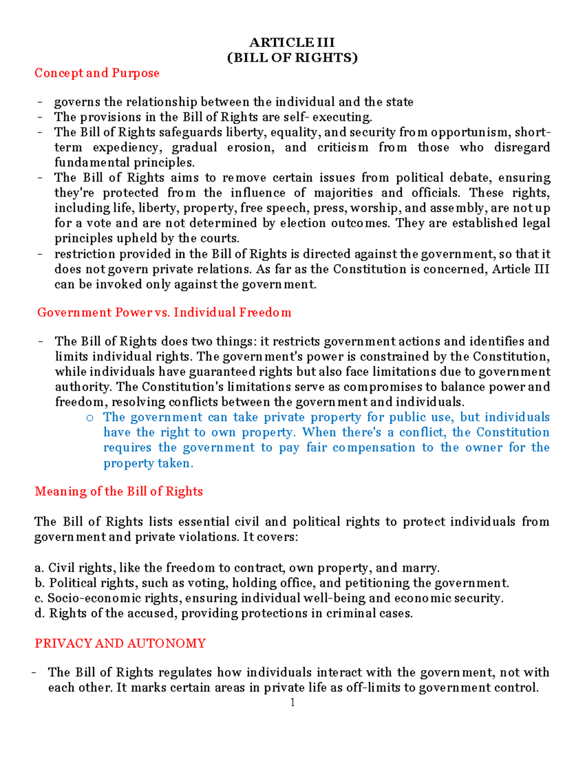 Article III: Bill of Rights Overview and Key Concepts - Studocu