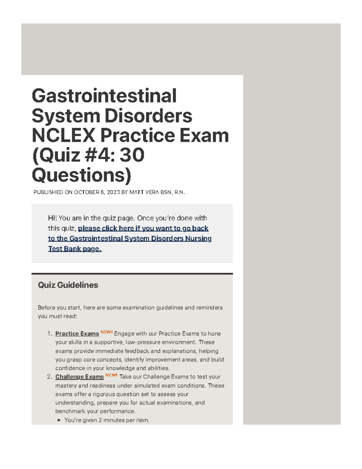 GI Disorders NCLEX Practice Exam (Quiz #4 - 30 Questions) - Studocu