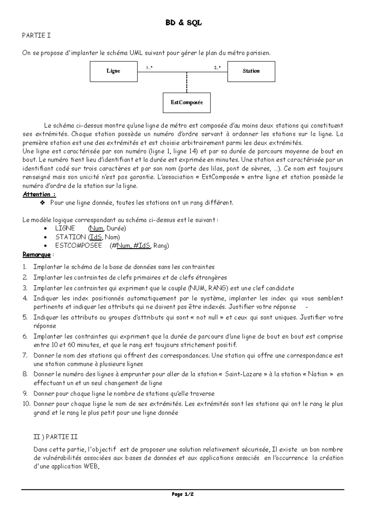 BD & SQL CDSI - Métro Parisien UML & Sécurité des Données - Studocu