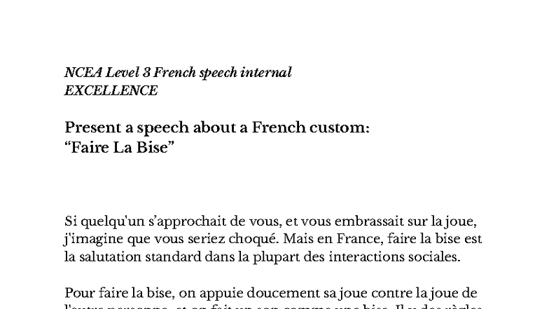 NCEA L3 French Speech Internal - Excellence on La Bise Custom - Studocu