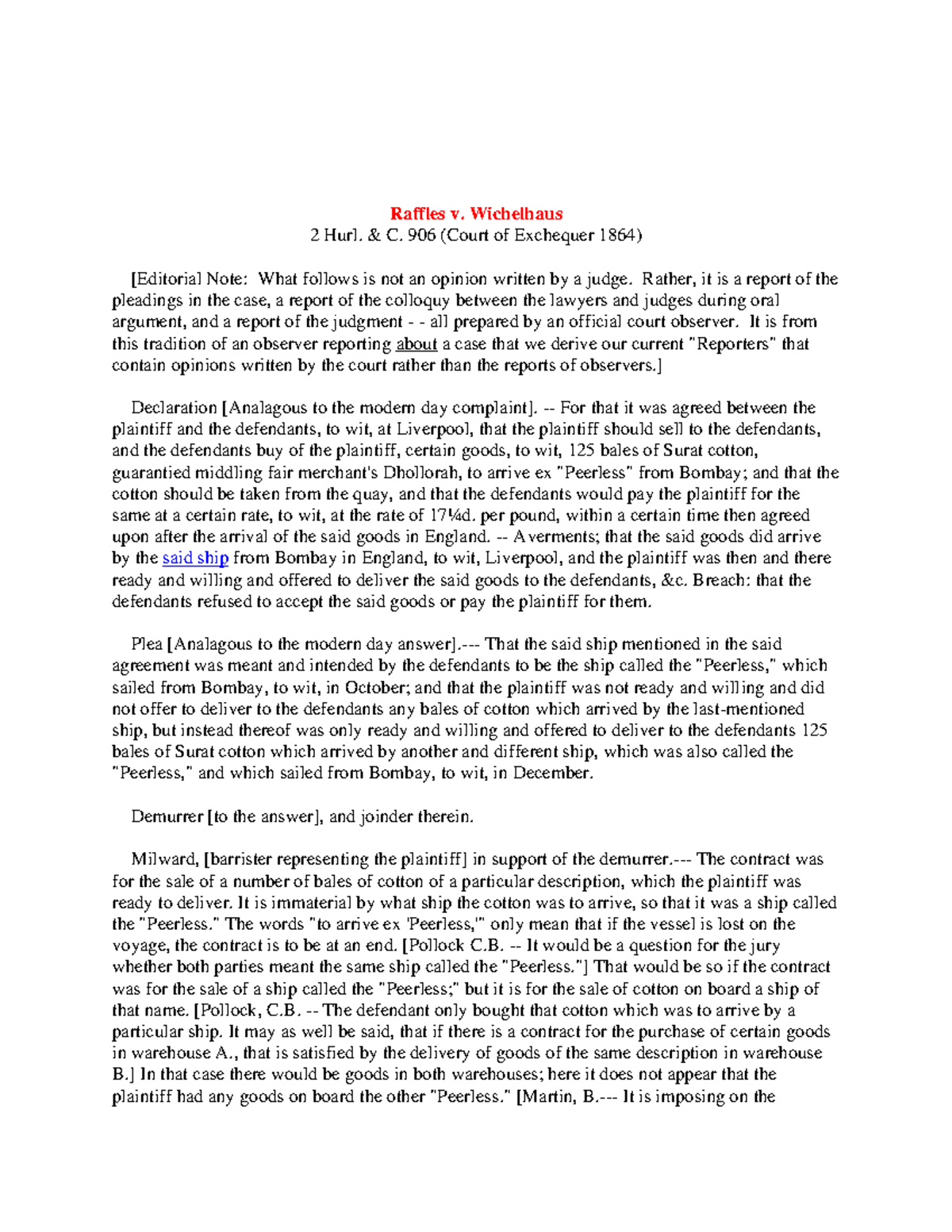 Raffles v. Wichelhaus: Law of Evidence Simplified (1864) - Studocu