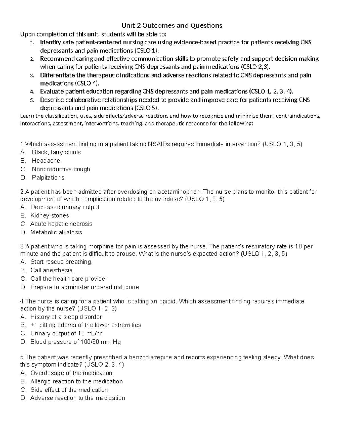 Unit 2 Objective and questions and Key 2025 - Unit 2 Outcomes and Questions Upon completion of ...