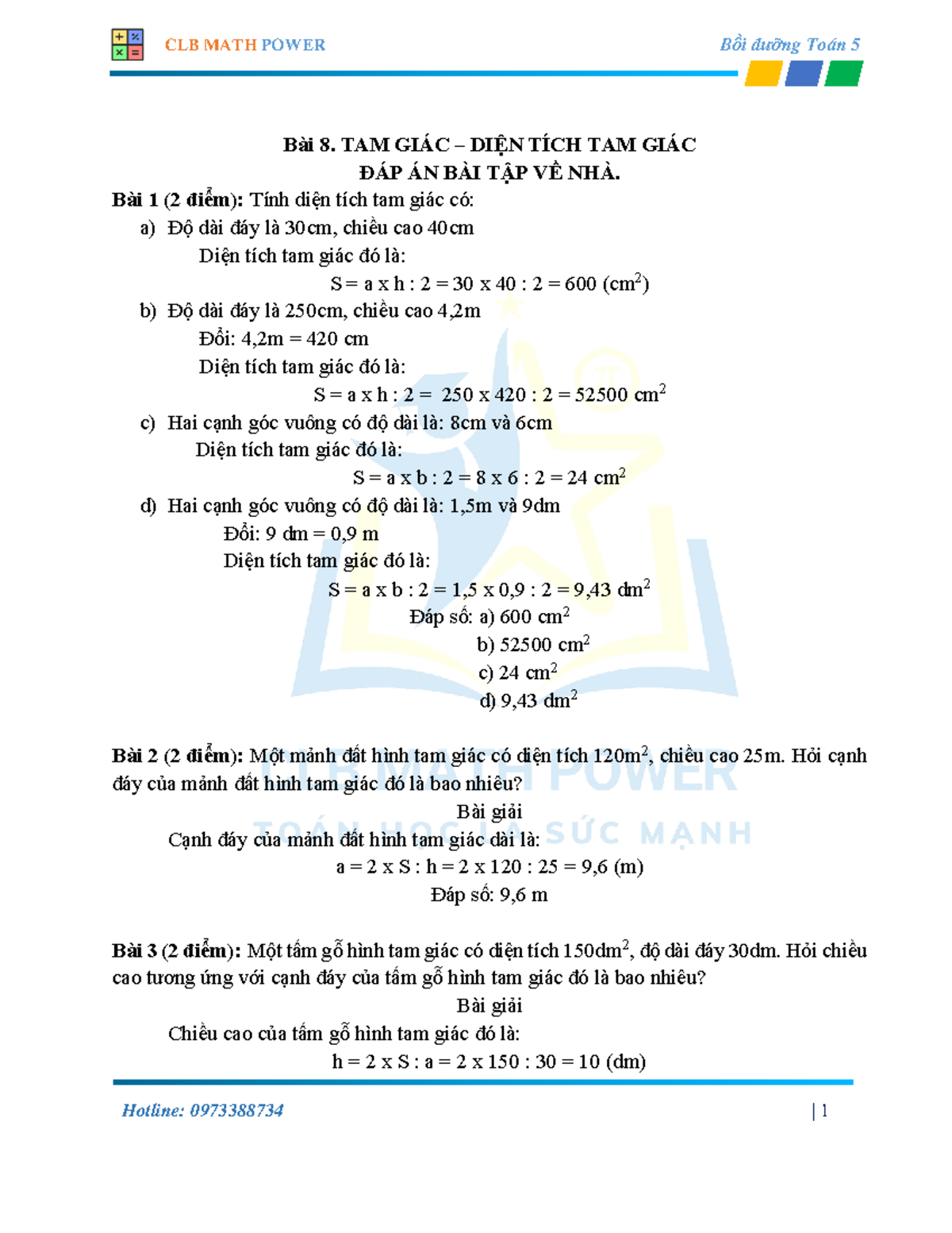 CLB MATH POWER: Bài Tập Về Nhà Toán 5 - Bài 8: Diện Tích Tam Giác - Studocu