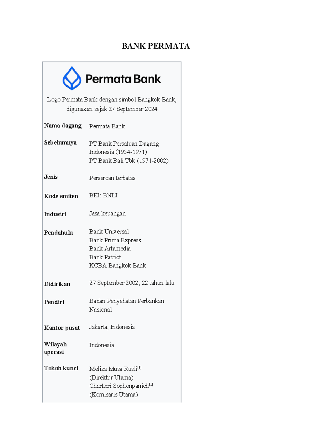 BANK Permata: Sejarah, Struktur, dan Produk Utama - Studocu