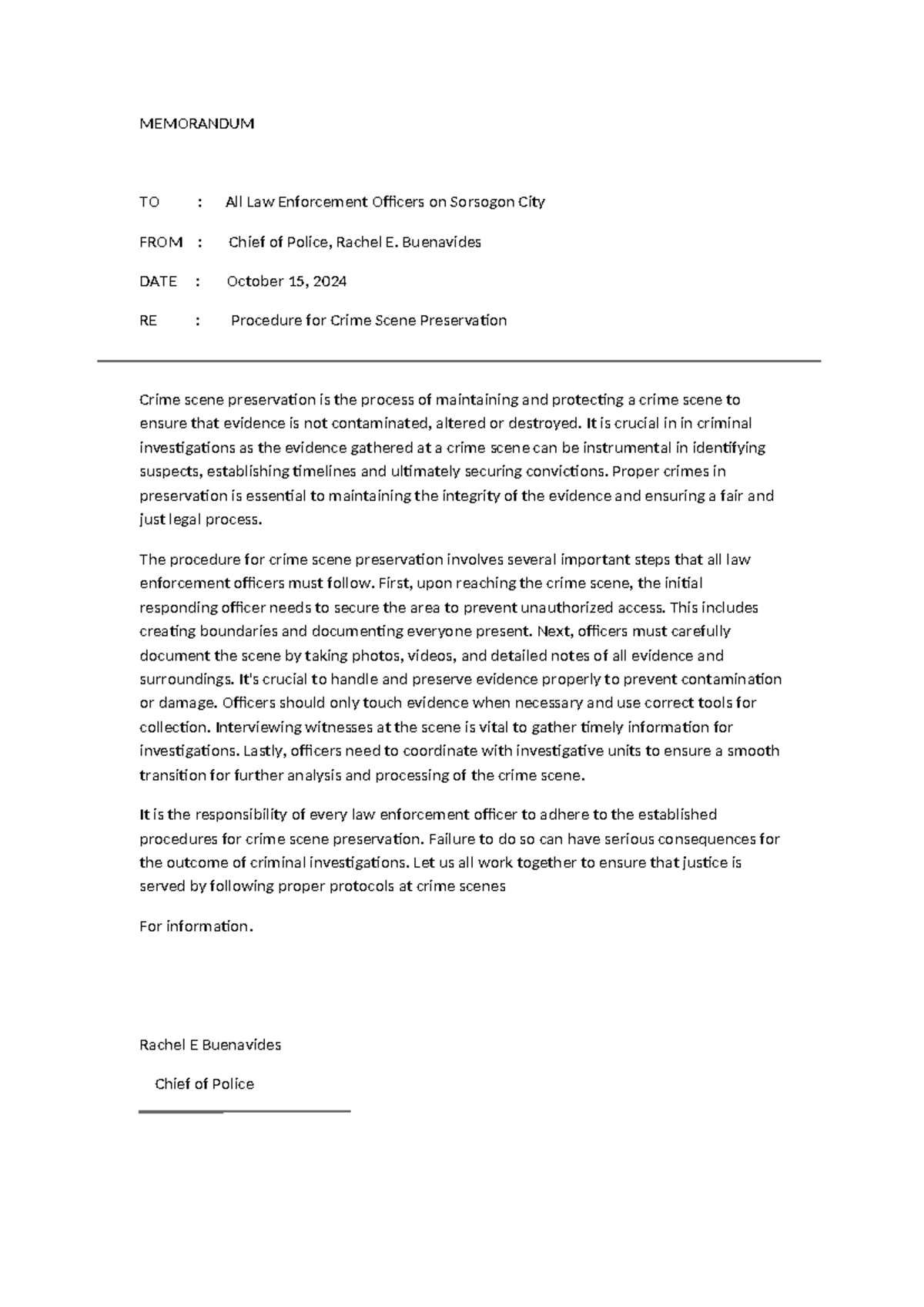 Memorandum - Procedure for Crime Scene Preservation by C. Rachel ...