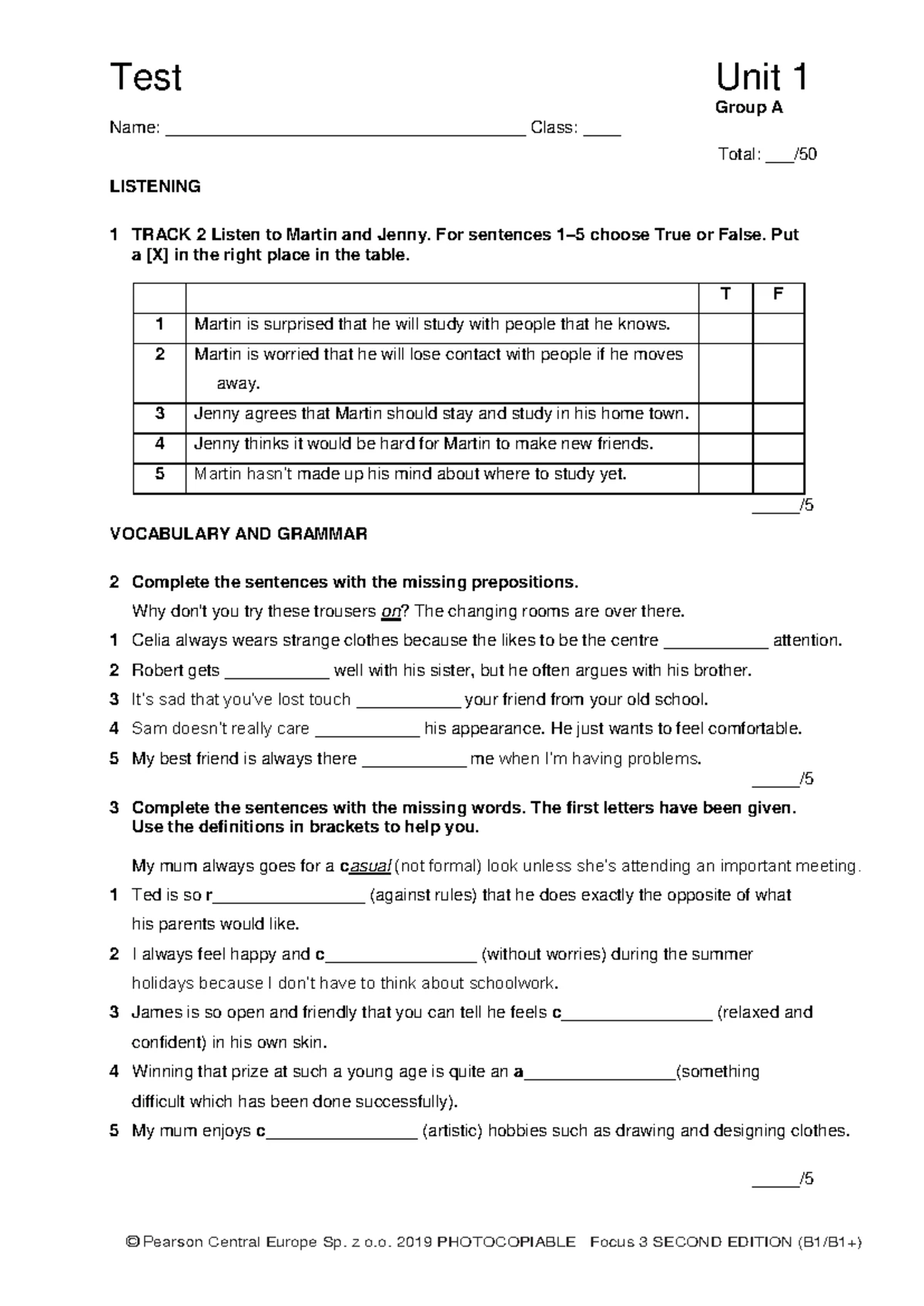 Focus 3 2E Unit 3 Listening and Vocabulary Test - Group B - Studocu