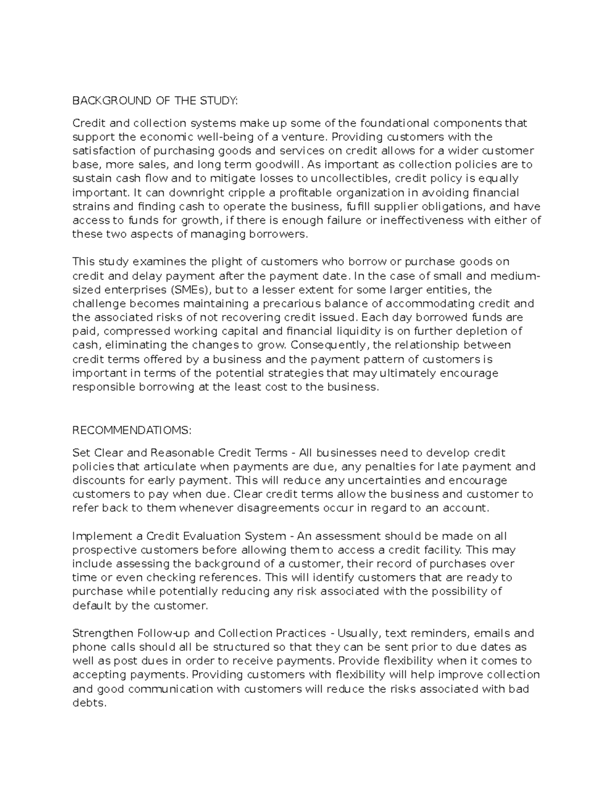 LYK - Research: Credit & Collection Systems in SMEs - Studocu