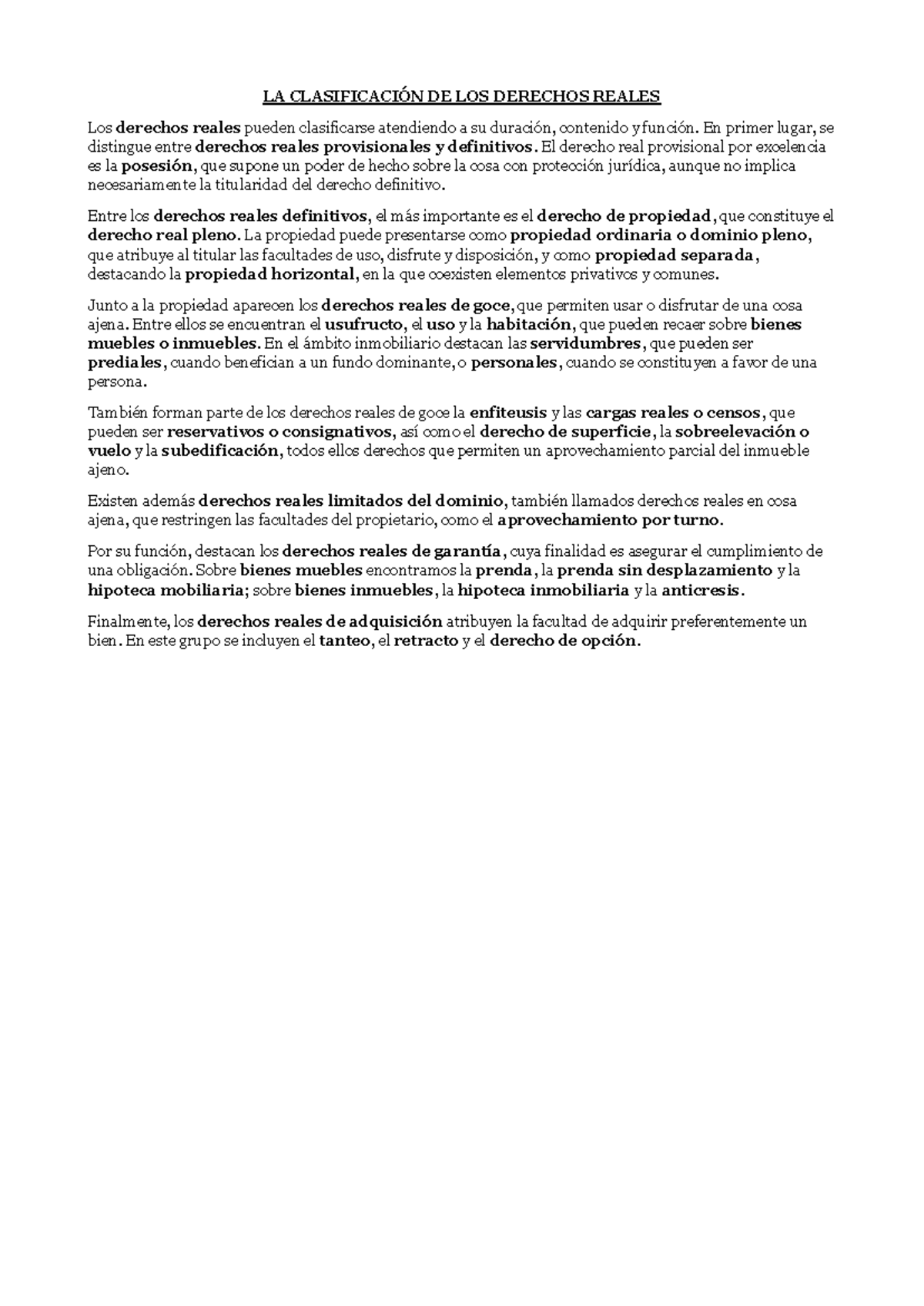 LA CLASIFICACIÓN DE LOS DERECHOS REALES - Esquema Sinóptico - Studocu