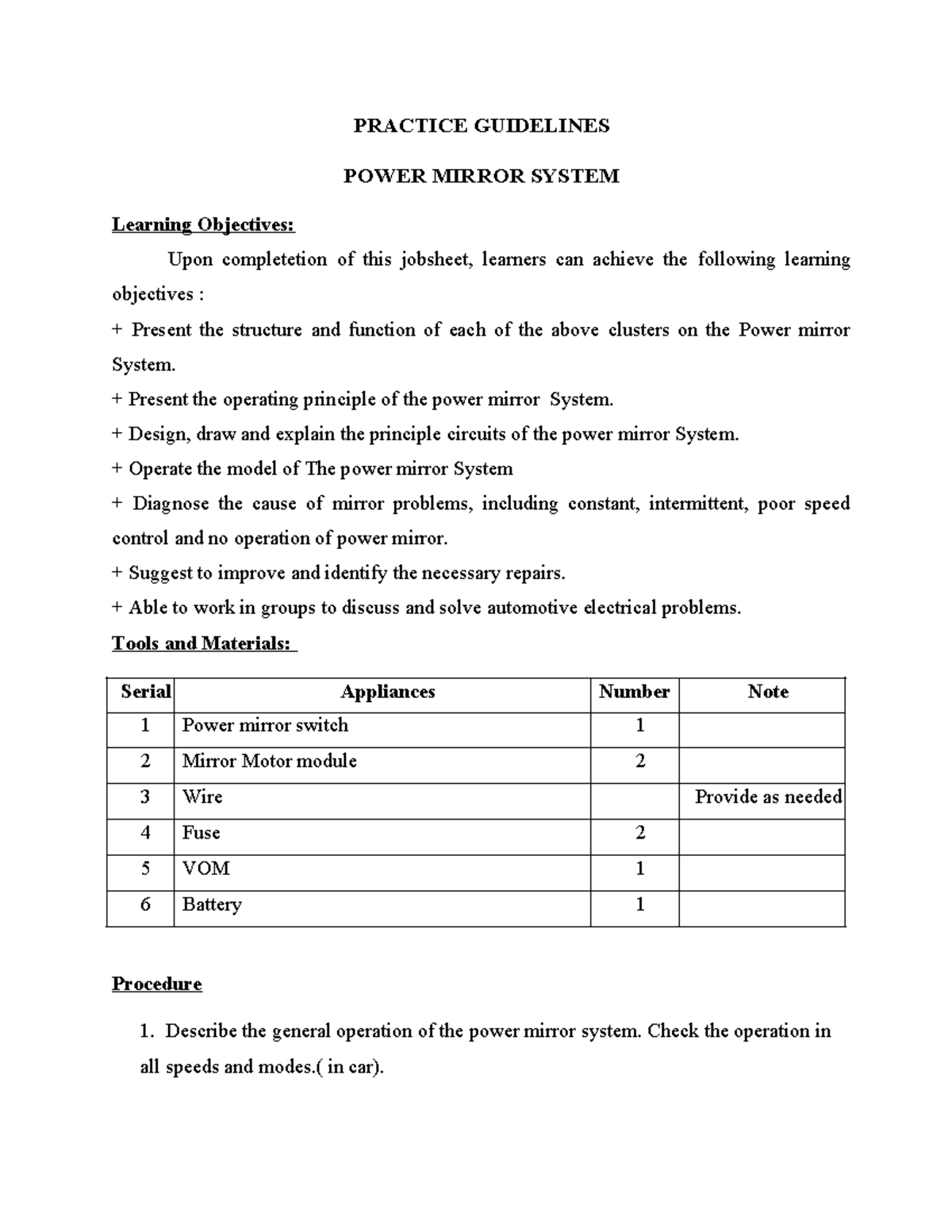 PRACTICE GUIDELINES: POWER MIRROR SYSTEM (Automotive) - Studocu