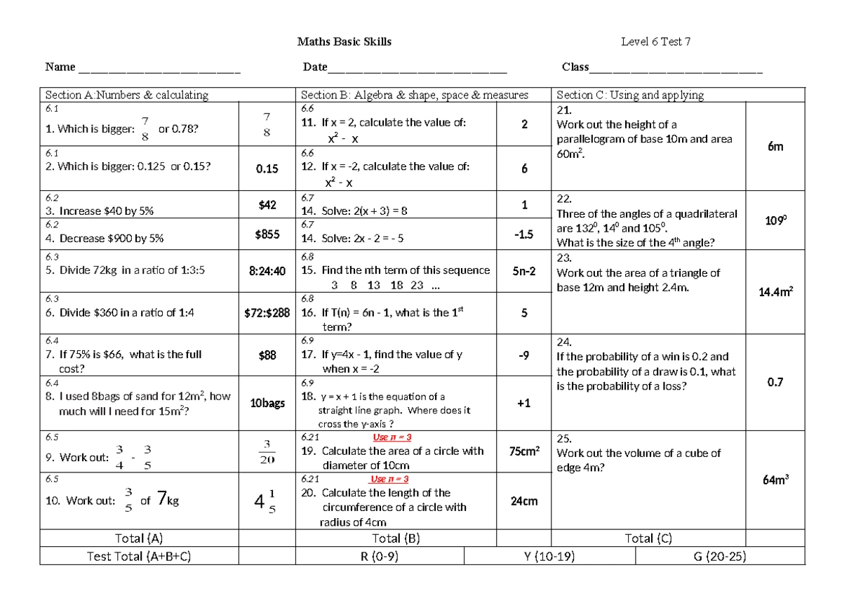 Level 6 Maths Basic Skills Tests 1-15: Practice Exercises - Studocu