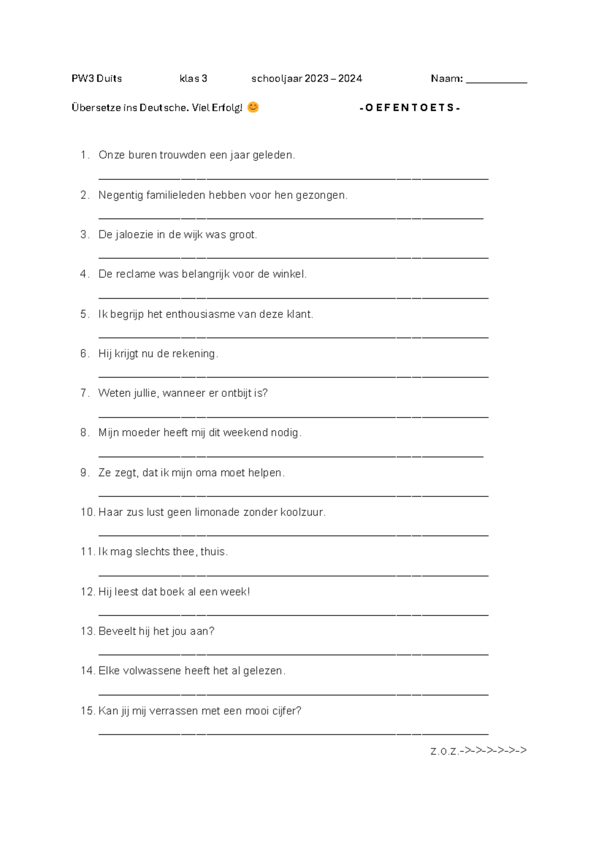 Oefentoets Duits Klas 3 2023-2024 met Antwoorden - PW3 - Studeersnel