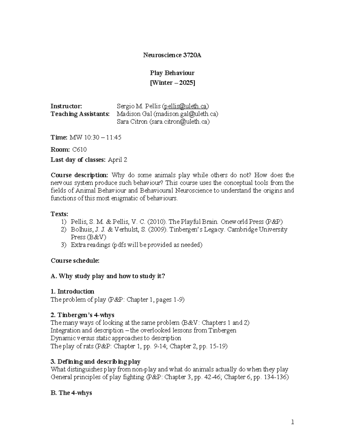 Neuroscience 3720 - Play Behaviour Course Outline (Winter 2025) - Studocu
