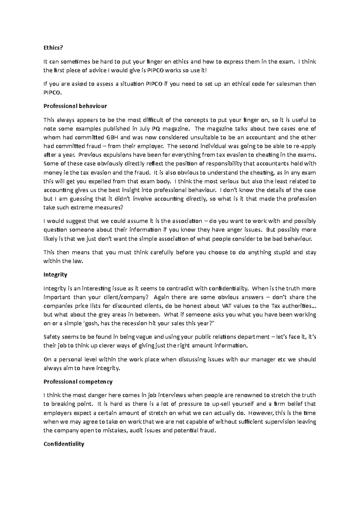 Ethics & Professional Conduct: A PIPCO Approach - Ethics Guide - Studocu