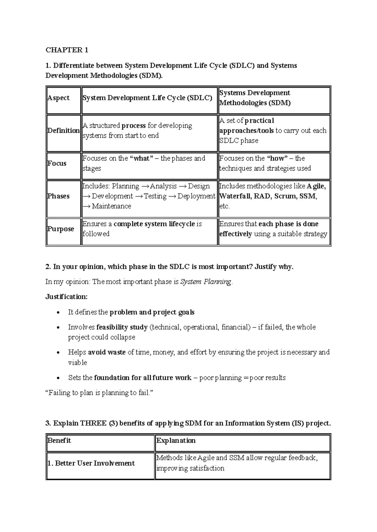 SDM 101: Systems Development Methods - Chapter Insights and Comparisons - Studocu