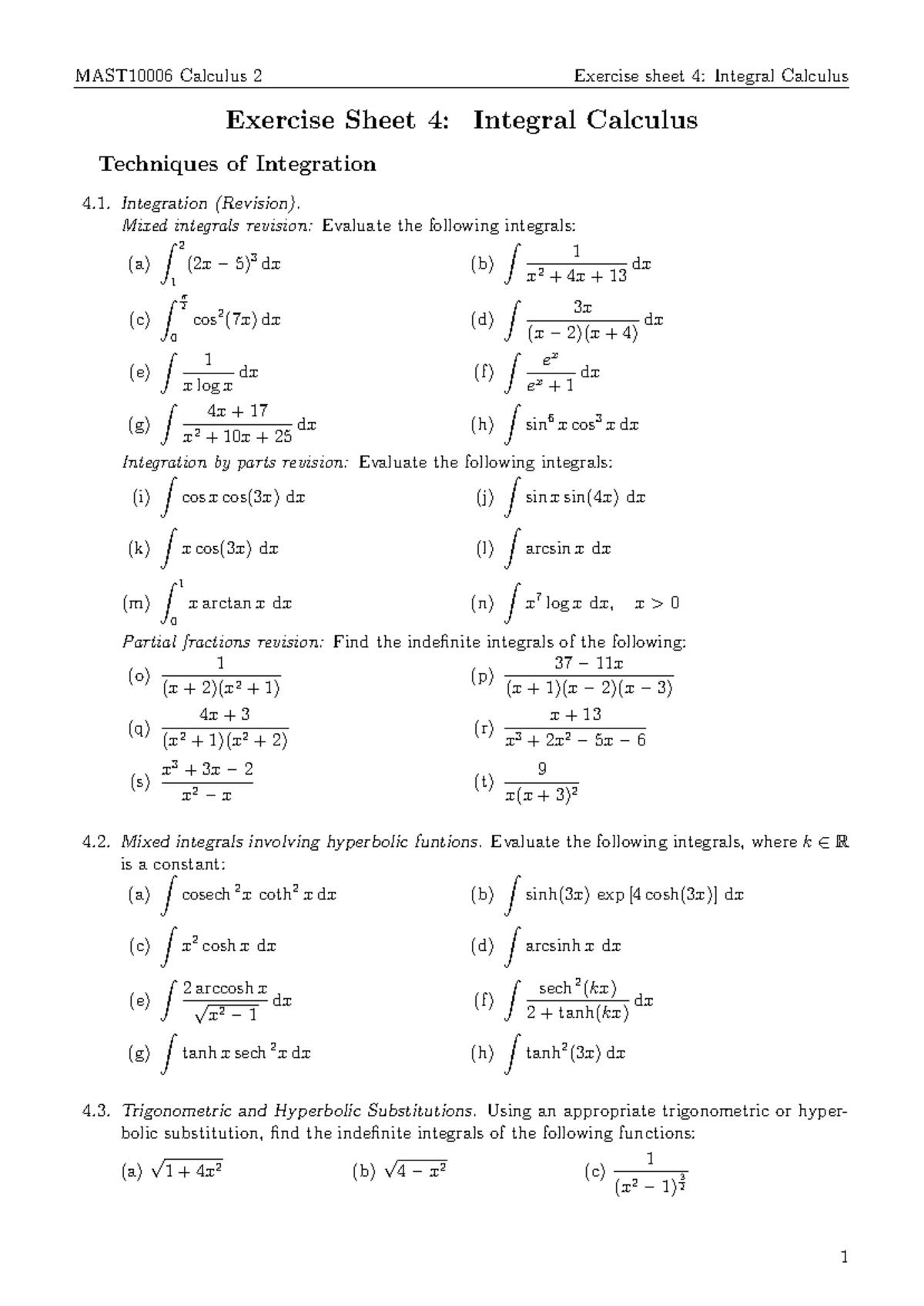Exercise Sheet 4: Integral Calculus Techniques MAST10006 - Studocu
