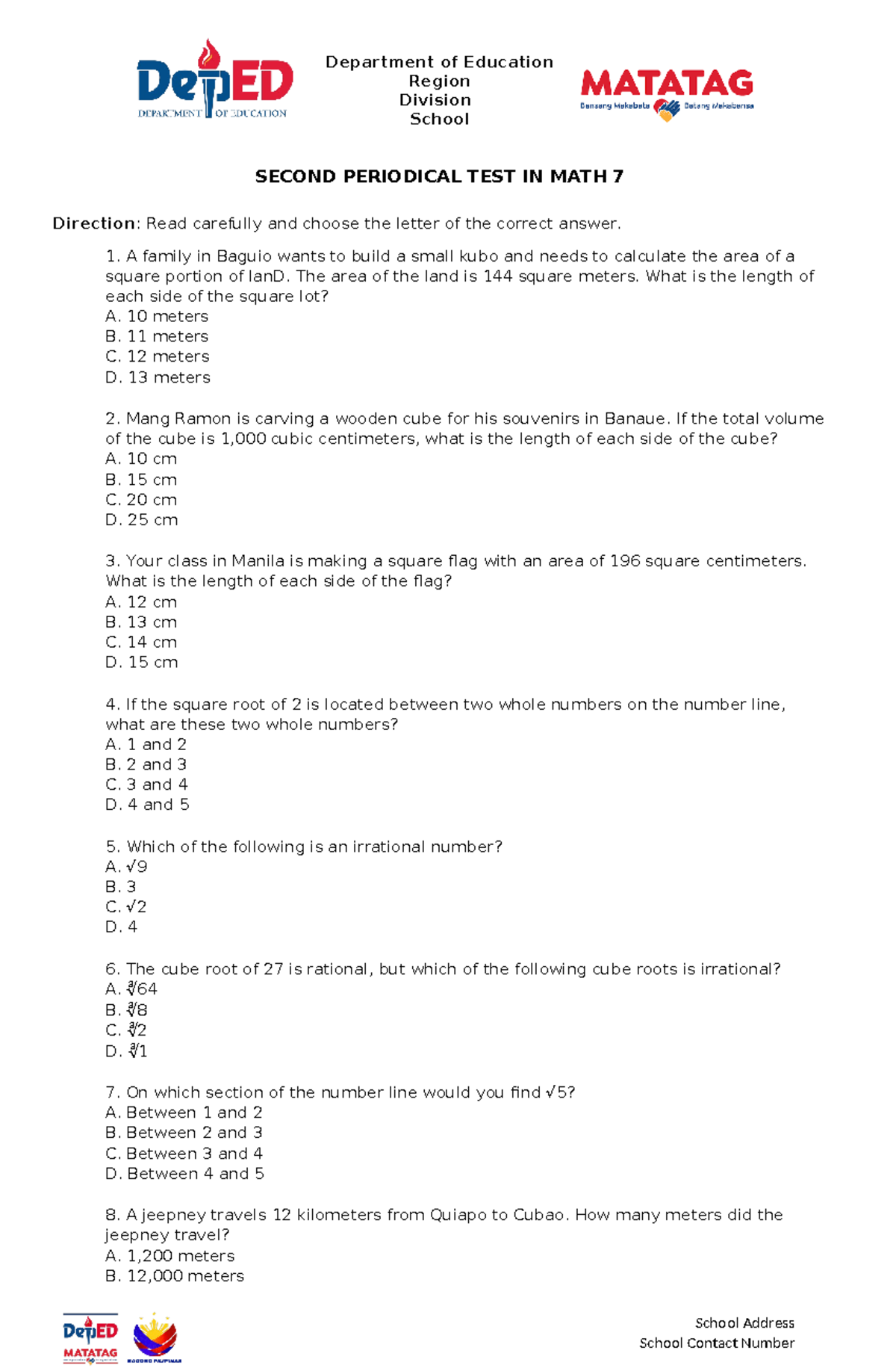 Grade 7 Mathematics 2nd Periodical Test Questions & Answers - Studocu