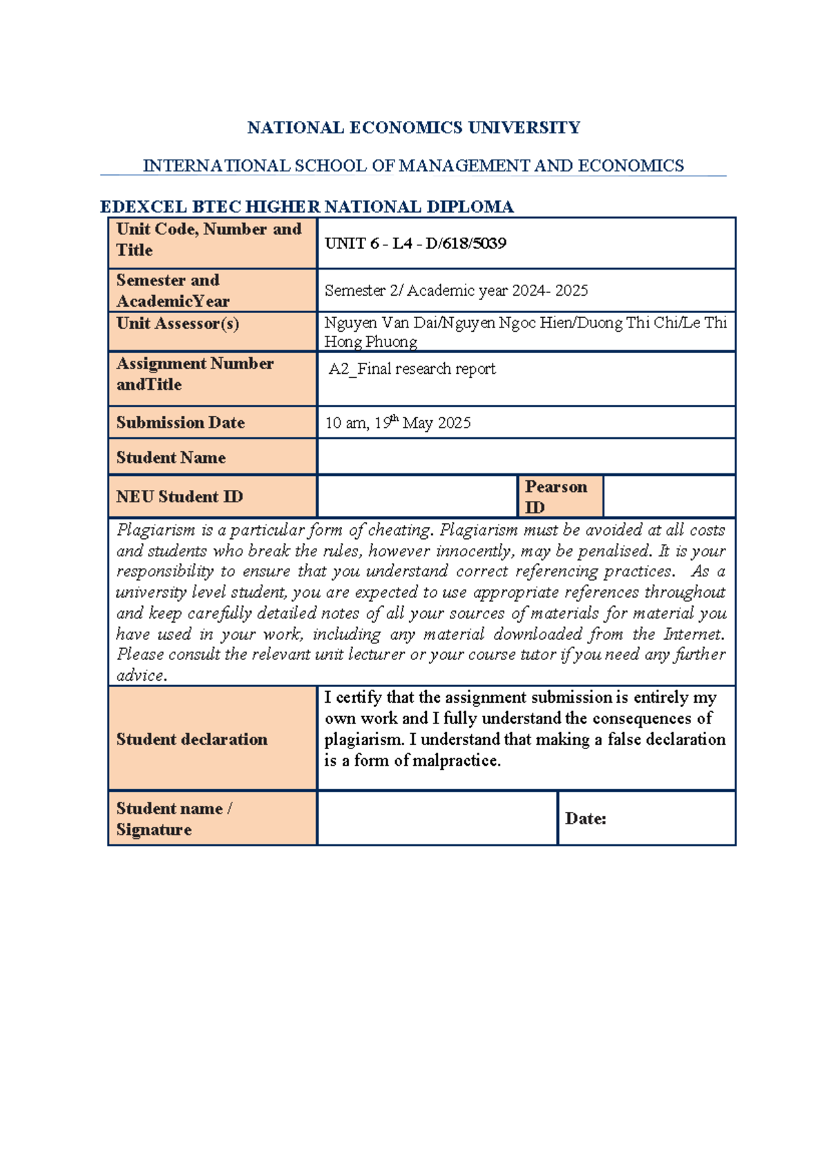 NEU BTEC HND Unit 6 L4 A2_Final Project Report Template 2025 - Studocu