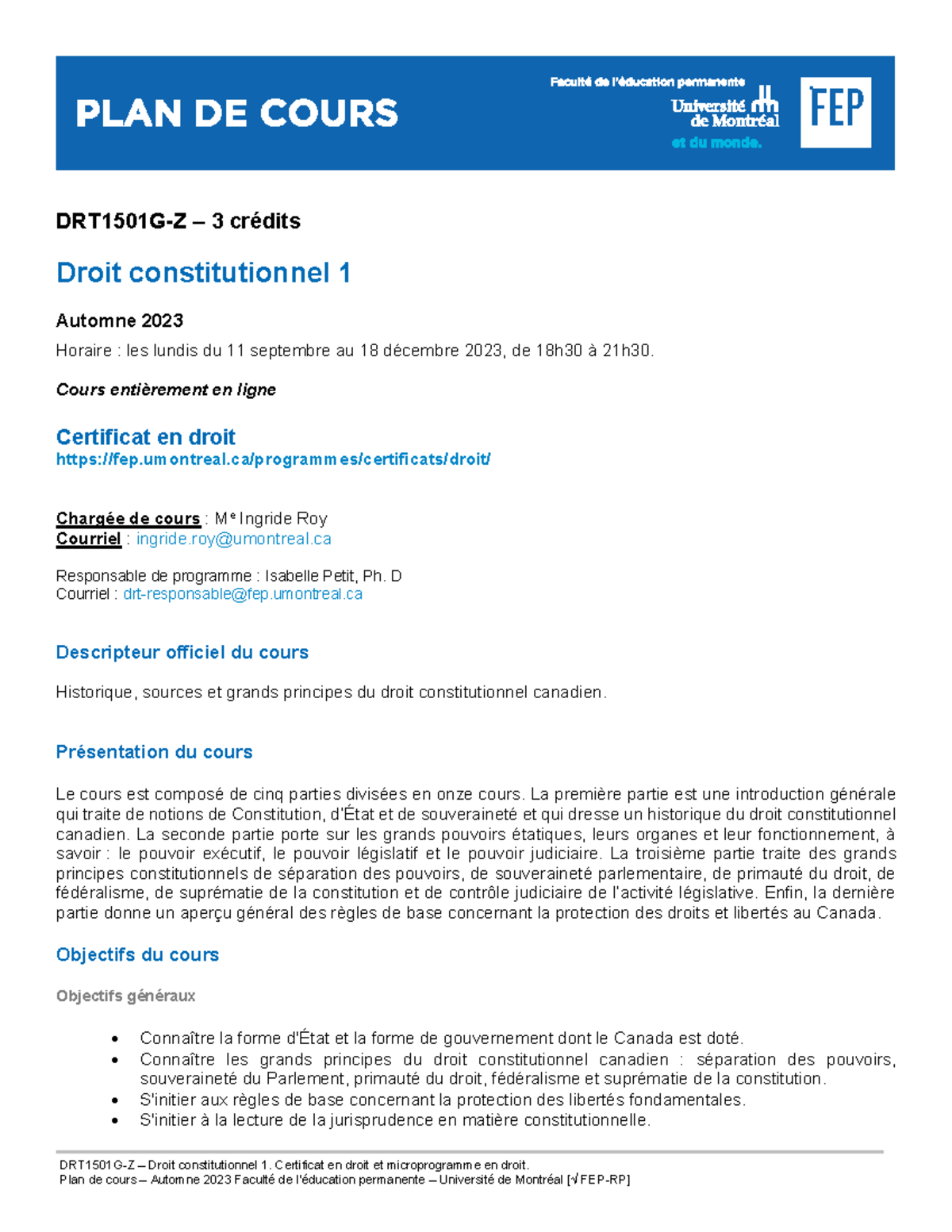 DRT1501G-Z - Droit Constitutionnel 1 : Plan de Cours Automne 2023 - Studocu