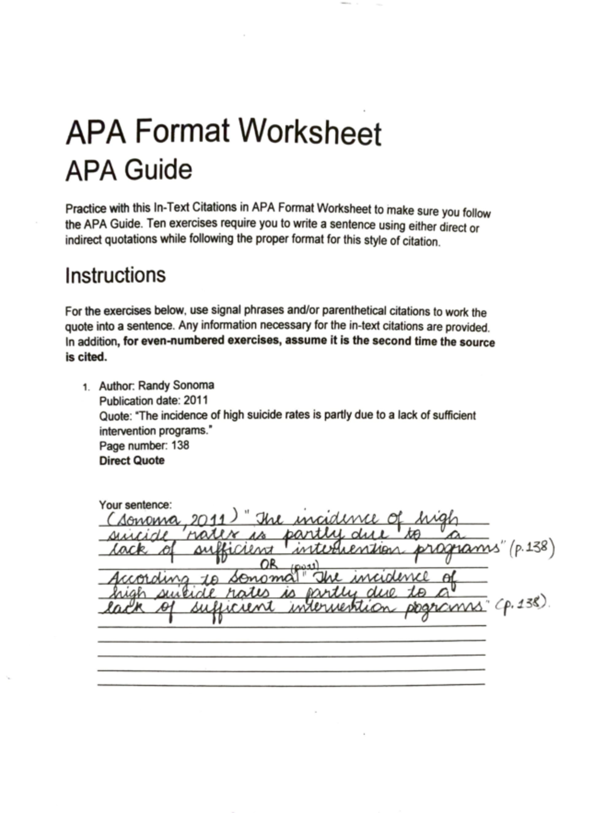 APA In-Text Citations Practice Worksheet for (ENG-101) - Studocu