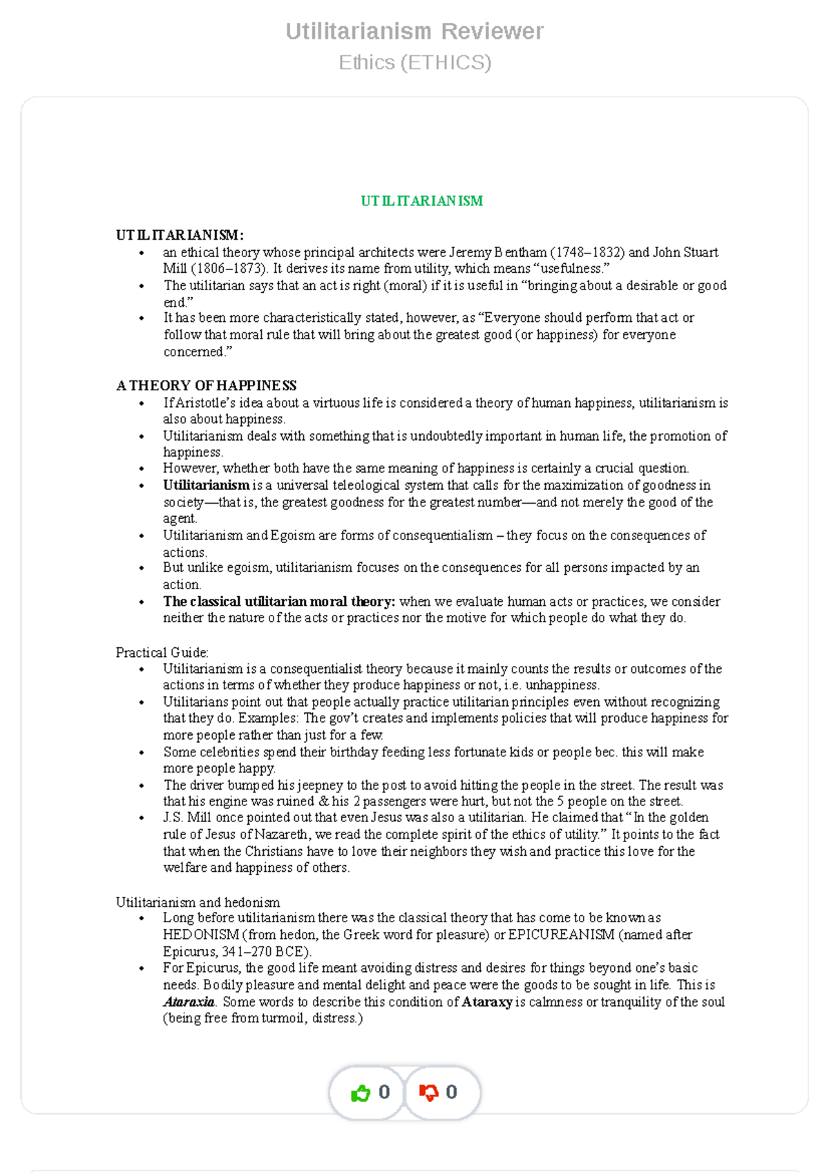 Utilitarianism: An Ethical Theory Analysis - ETHICS Course Notes - Studocu