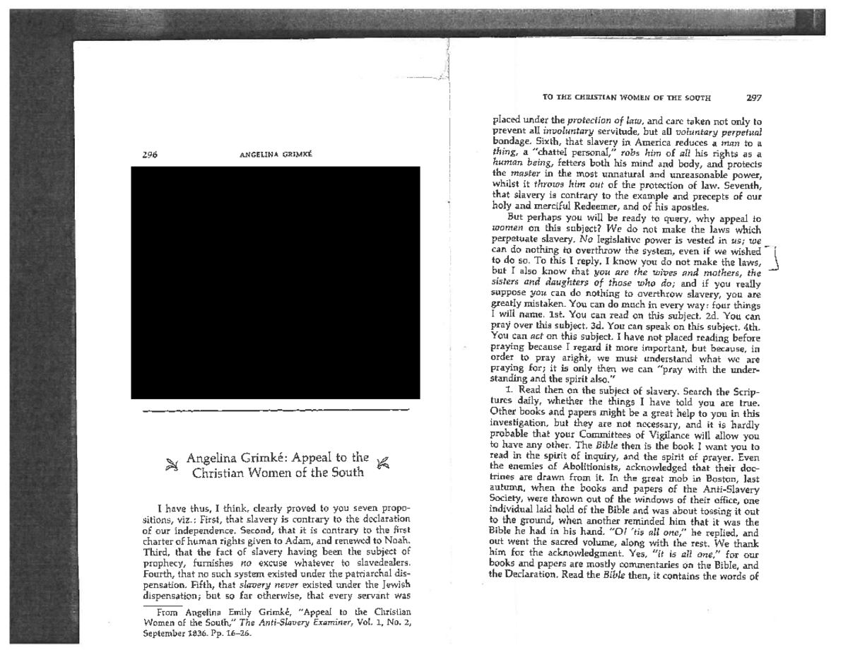 Angelina Grimké: Appeal to Christian Women of the South - Studocu