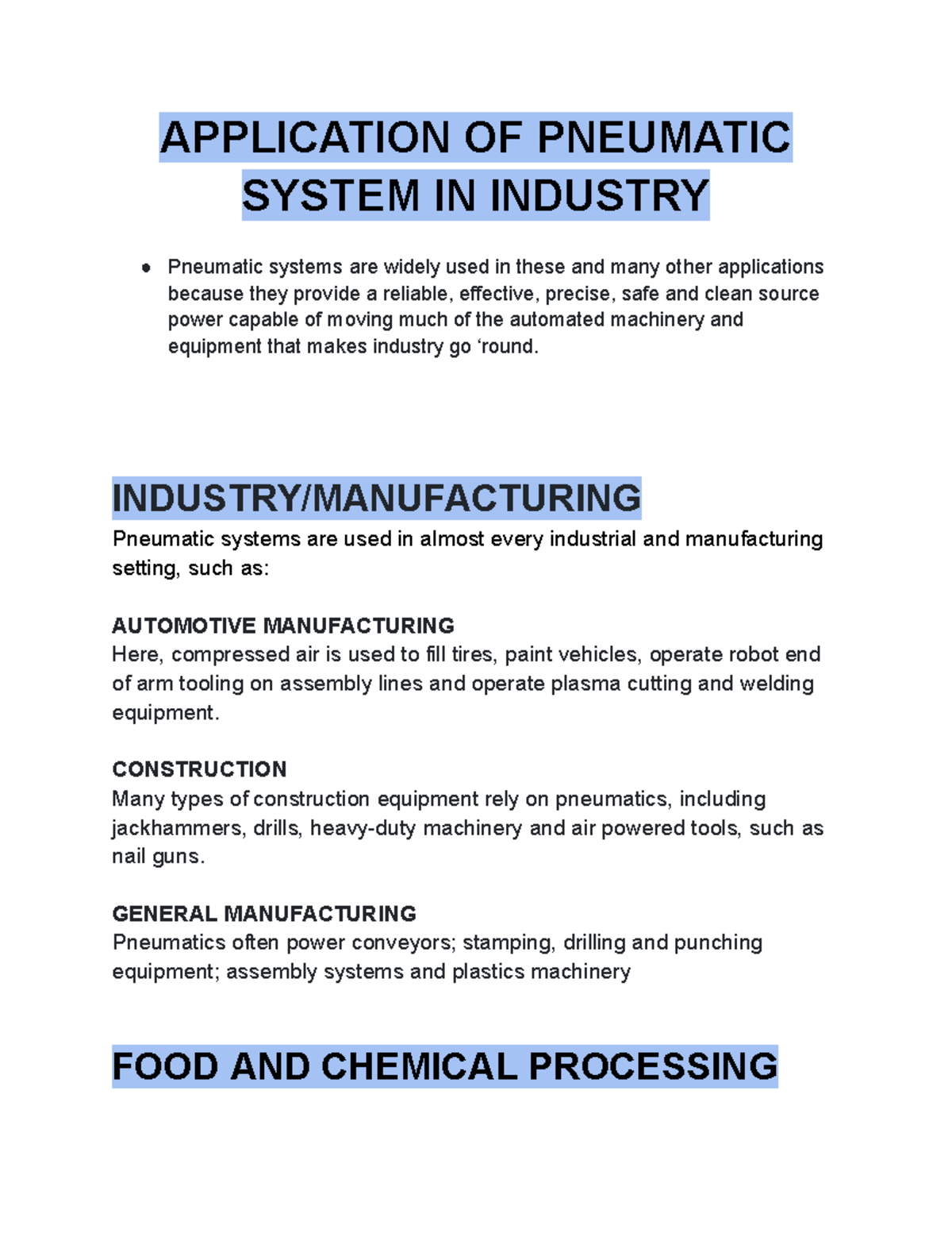Pneumatic System Applications in Industry and Manufacturing - Studocu