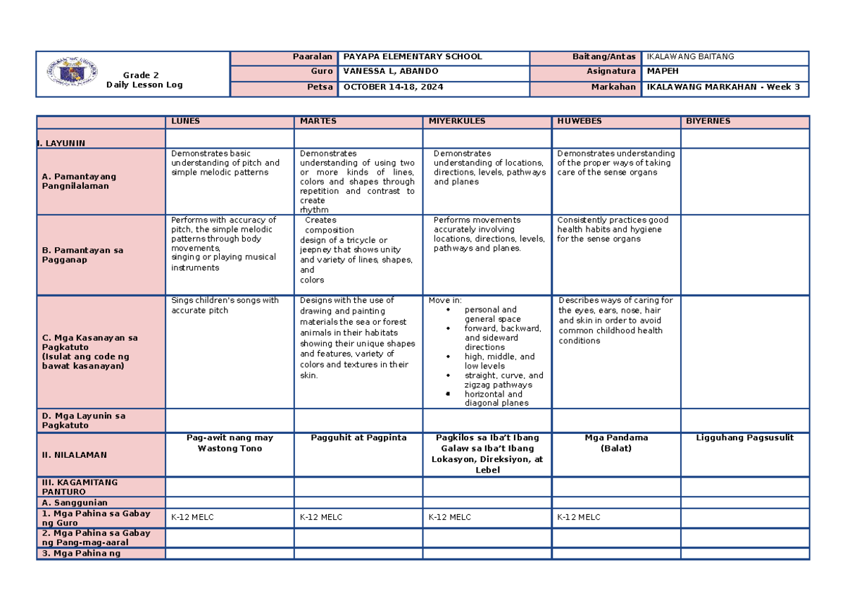 Q2-WEEK 3-Daily Lesson Log for MAPEH 2 at Payapa Elementary School ...