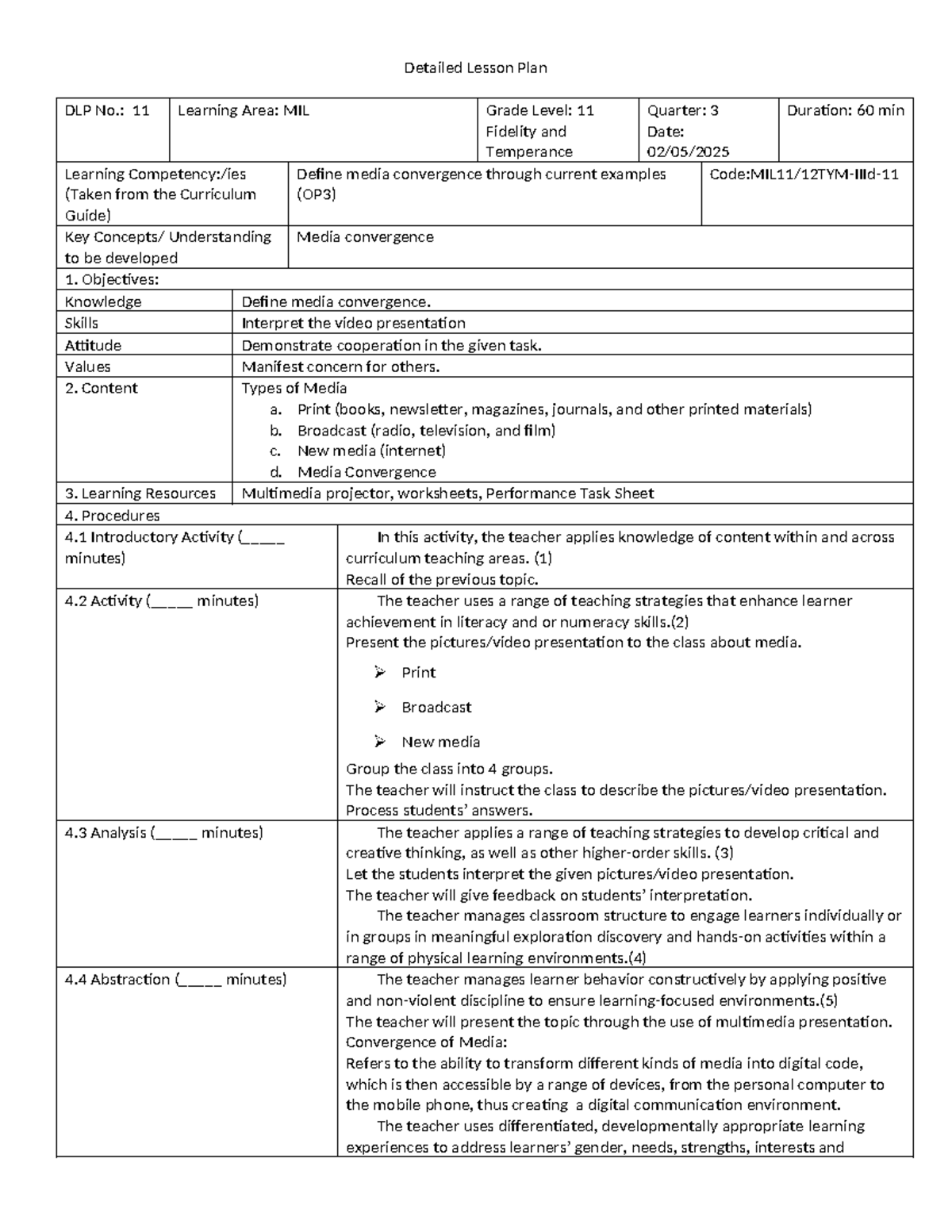 MILQ1 LC11 - dlp - Detailed Lesson Plan DLP No.: 11 Learning Area: MIL ...