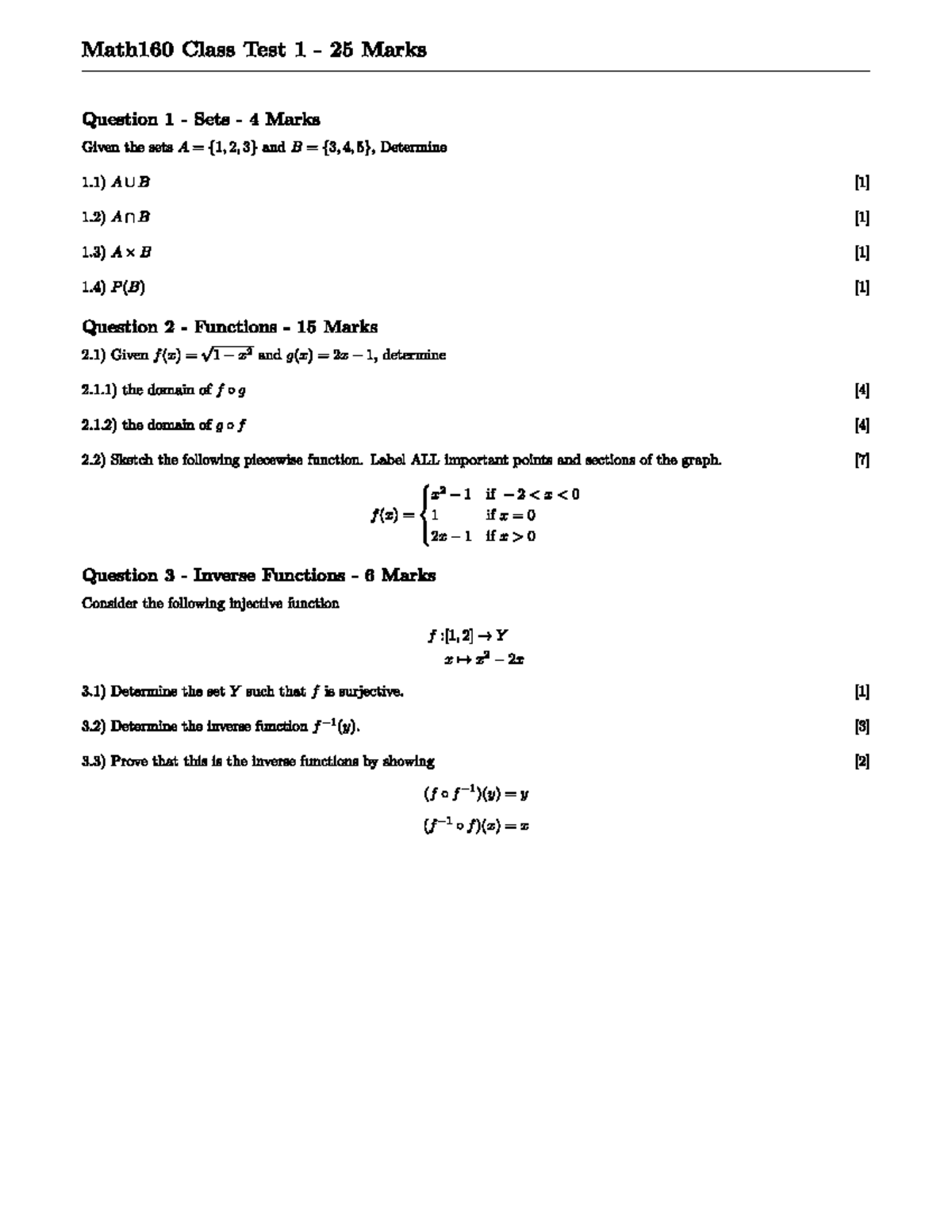 MATH160 Class Test 1 - Sets, Functions, and Inverses - Studocu