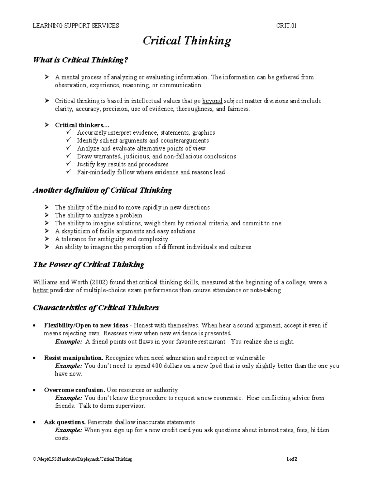 CRIT.01 Critical Thinking: Analyzing and Evaluating Information - Studocu