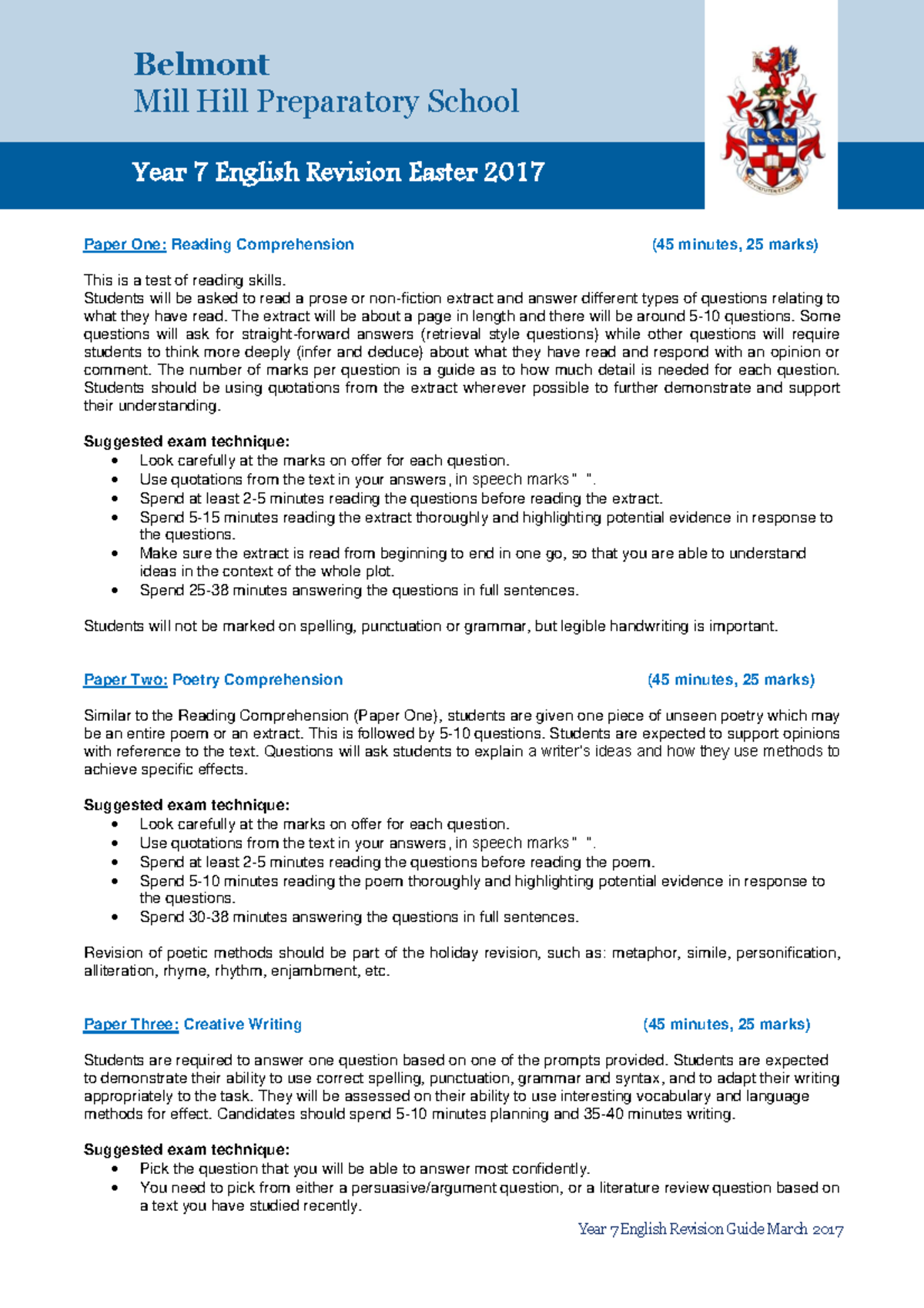 Year 7 English Practice Exam Questions - 2021 Revision Guide - Studocu