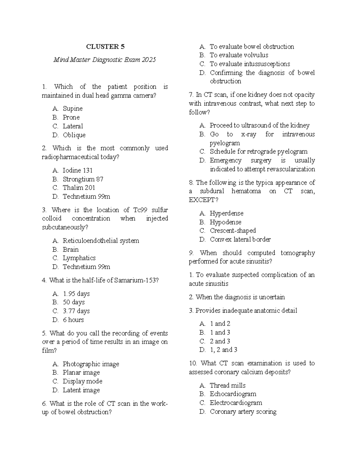 CLUSTER 5 Diagnostic Exam 2025: Key Questions and Answers - Studocu