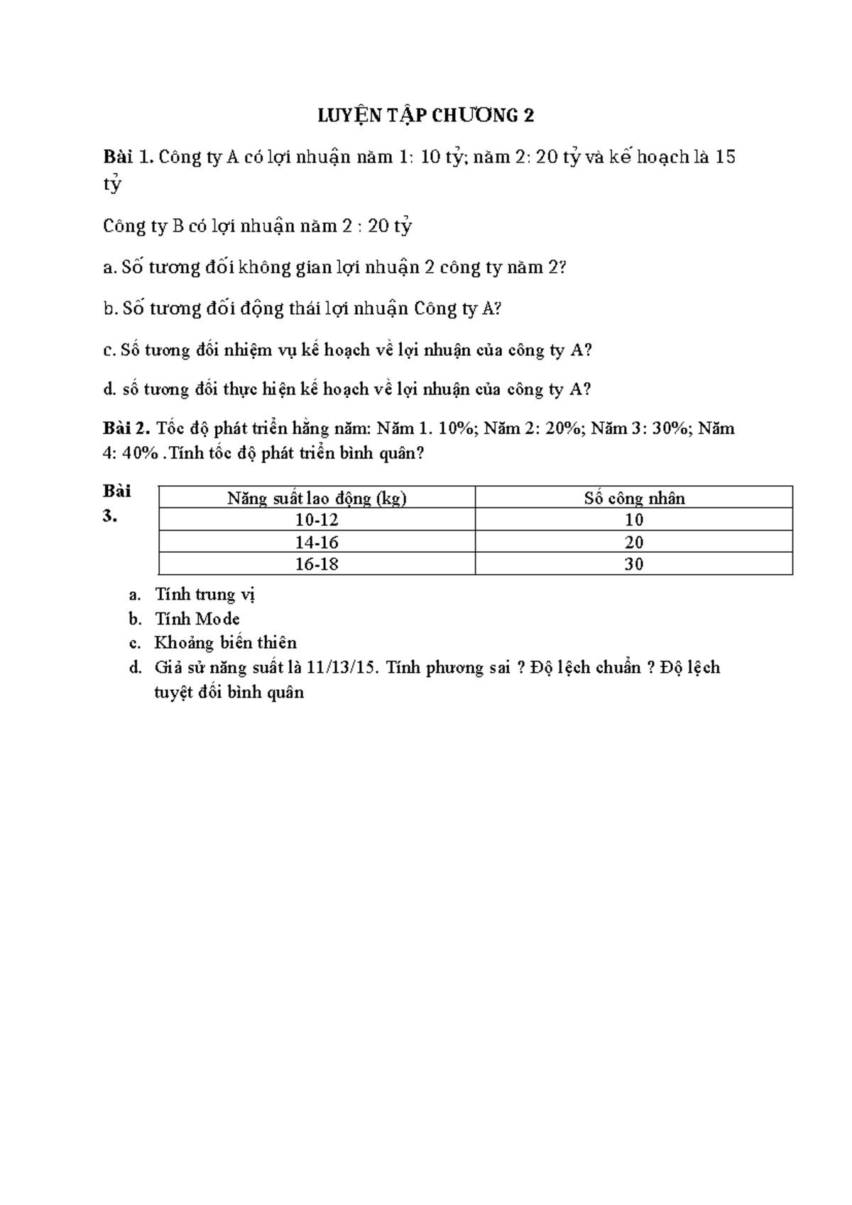 LUYỆN TẬP CHƯƠNG 2: Phân Tích Lợi Nhuận và Năng Suất - Studocu