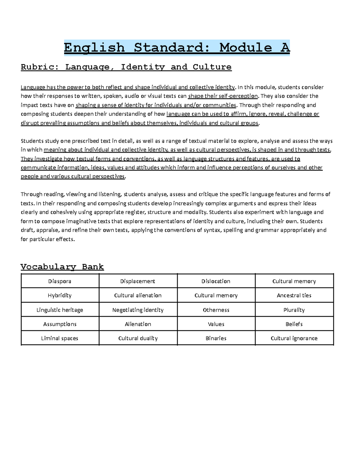 English Standard: Module A - Language, Identity & Culture Rubric - Studocu