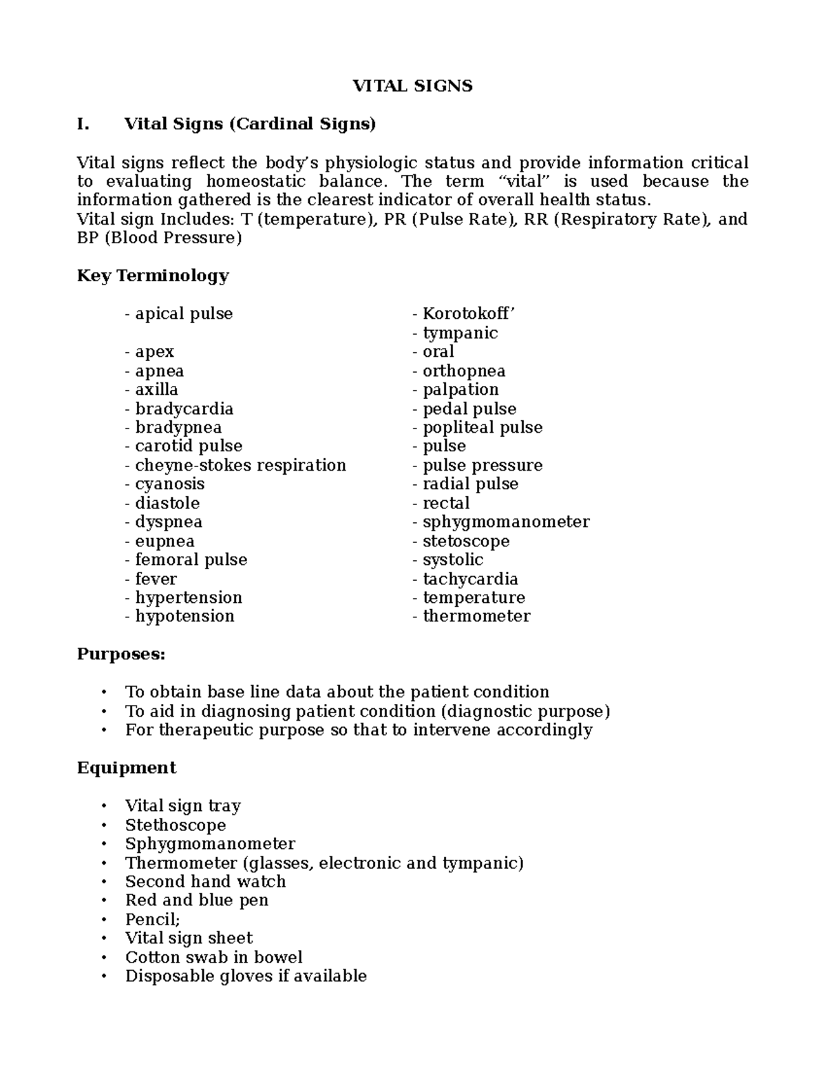 Vital Signs IN NURSING - VITAL SIGNS I. Vital Signs (Cardinal Signs ...