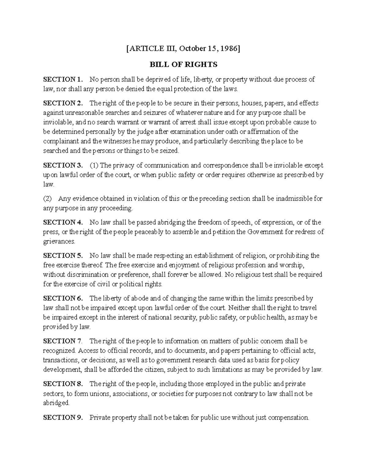 Article III Bill of Rights Overview: Key Sections Explained - Studocu