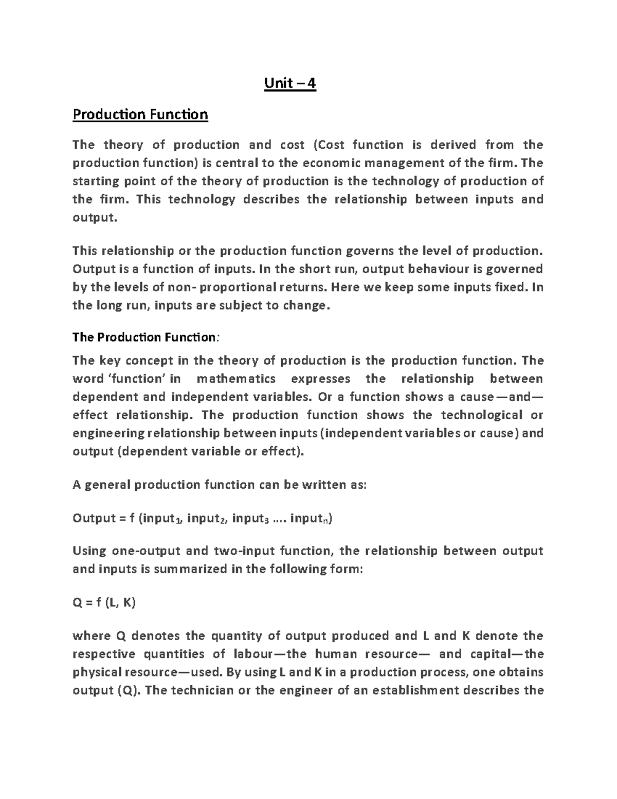 Unit 4: Production Function and Cost Theory Analysis - Studocu