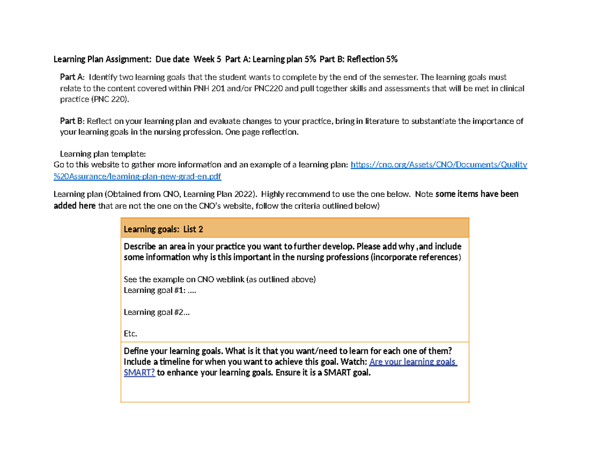PNH 201 & PNC 220: Learning Plan Assignment & Reflection Guide - Studocu