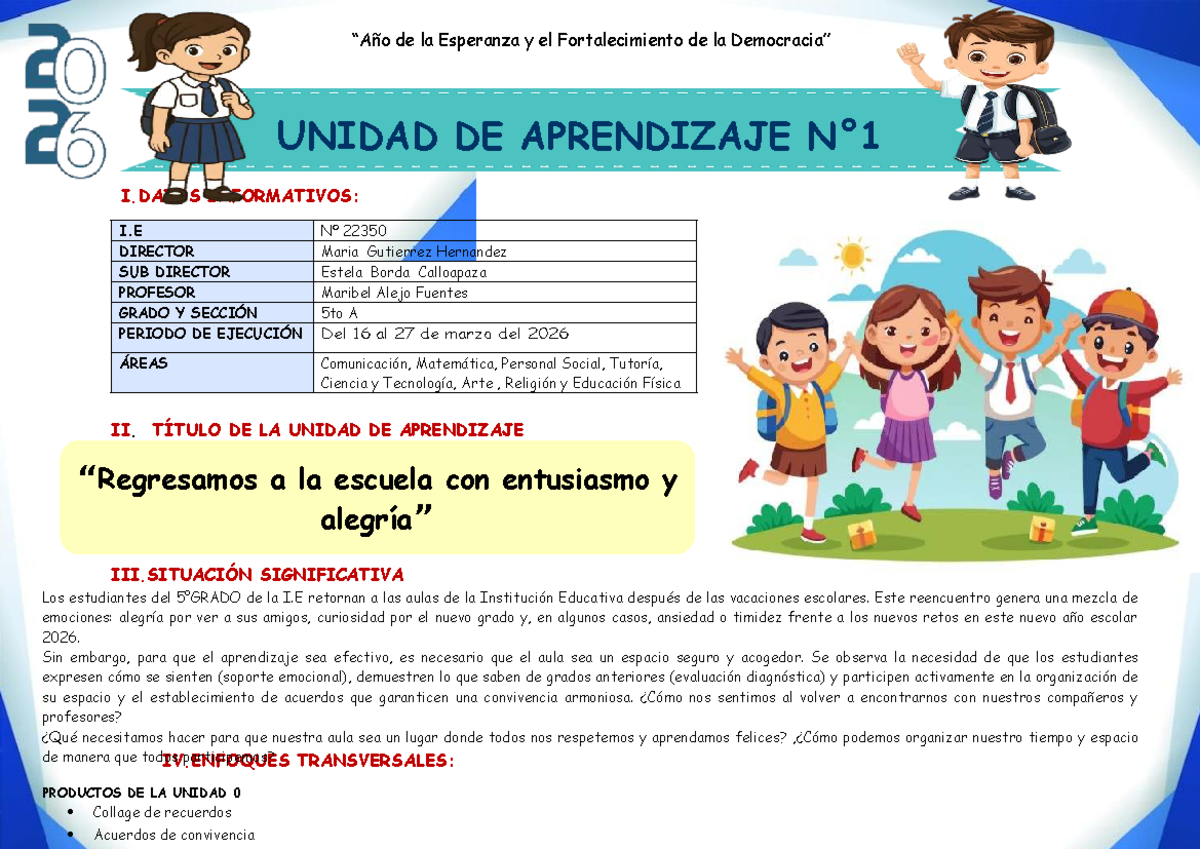 5TO GRADO: Unidad de Aprendizaje 0 - Regreso a Clases 2026 - Studocu