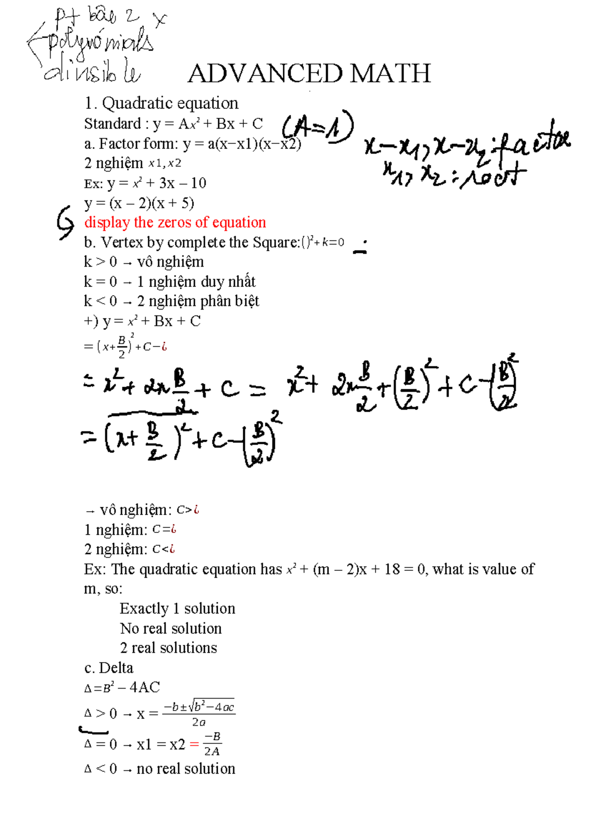 Advanced Math 1 - 222: Quadratic Equations and Graphs Study Guide - Studocu