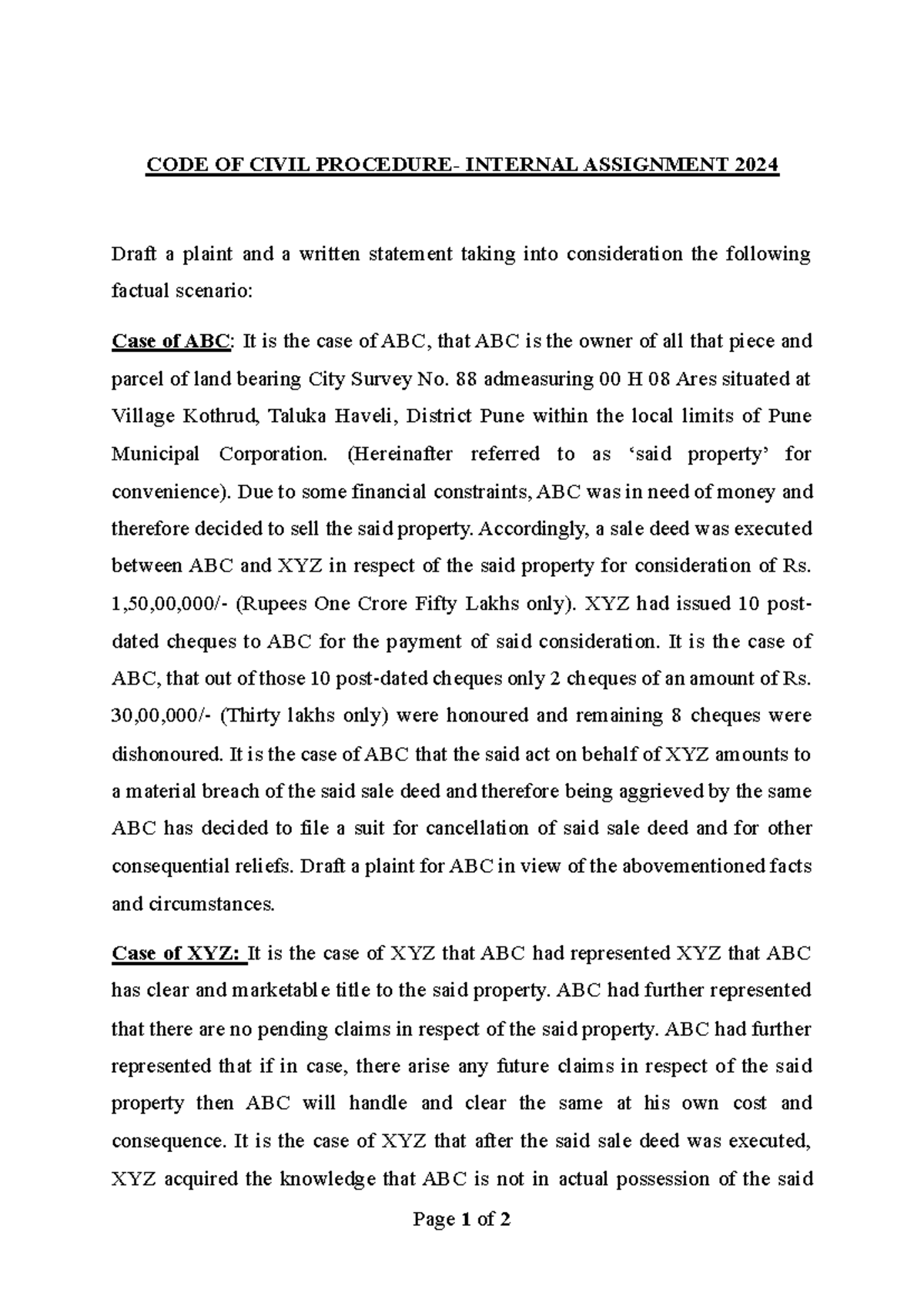 Final Assignment CPC 4th Bballb: Drafting a Plaint & Written Statement ...