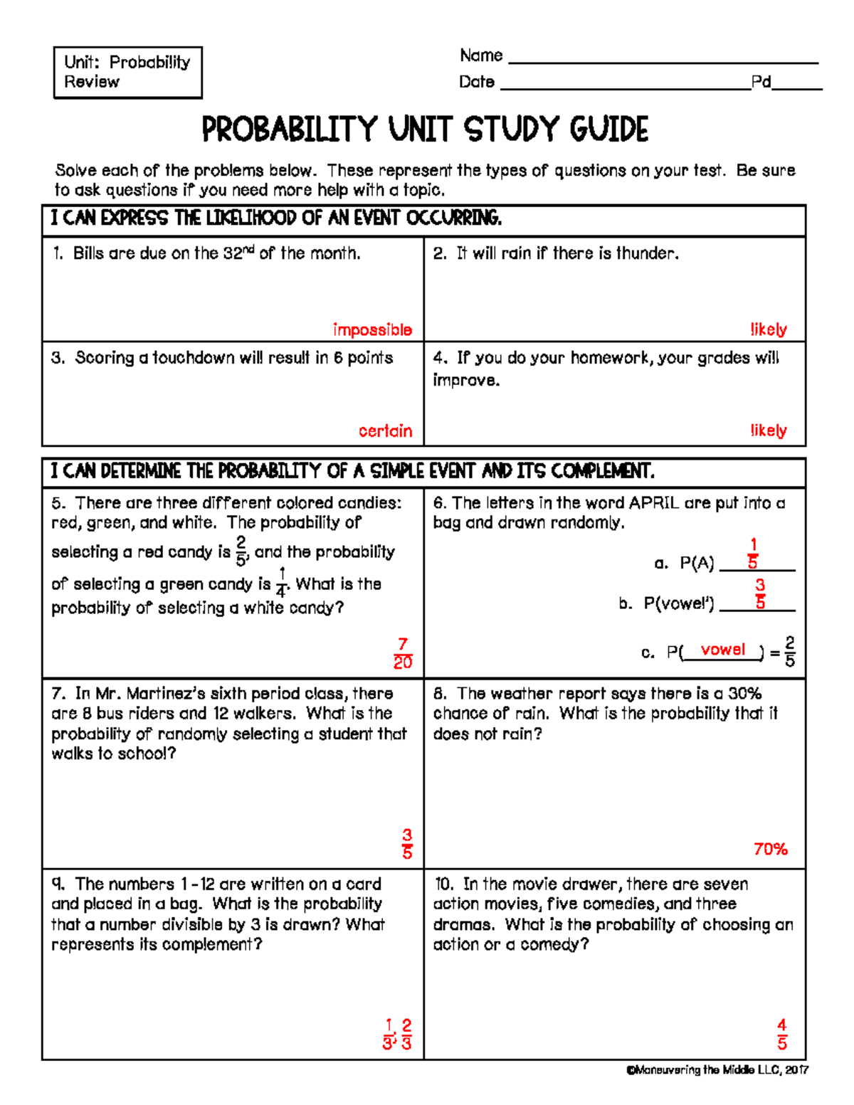 7th Grade CCSS Probability Student Handouts & Key (2021) - Unit ...