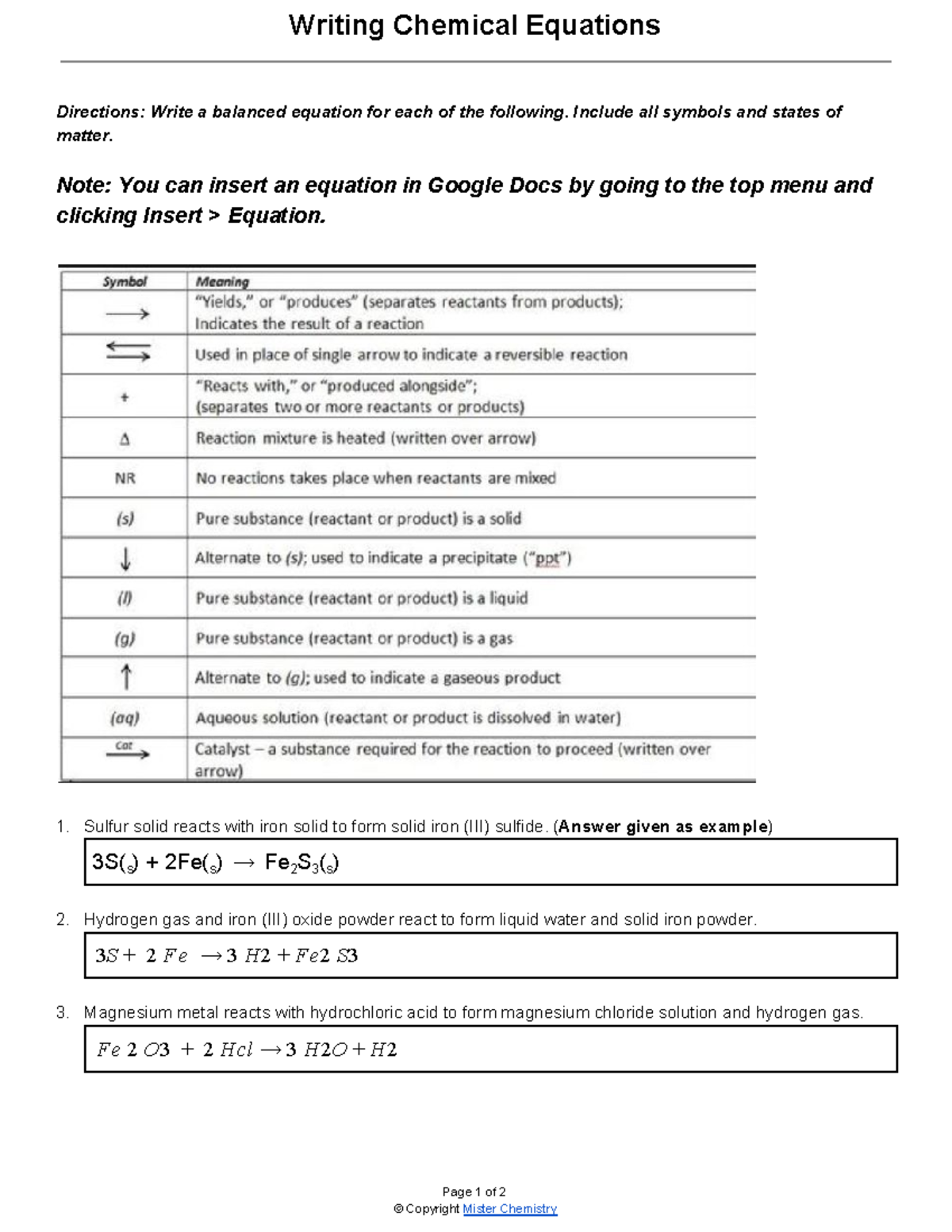 Writing Balanced Chemical Equations: Practice Problems and Solutions ...