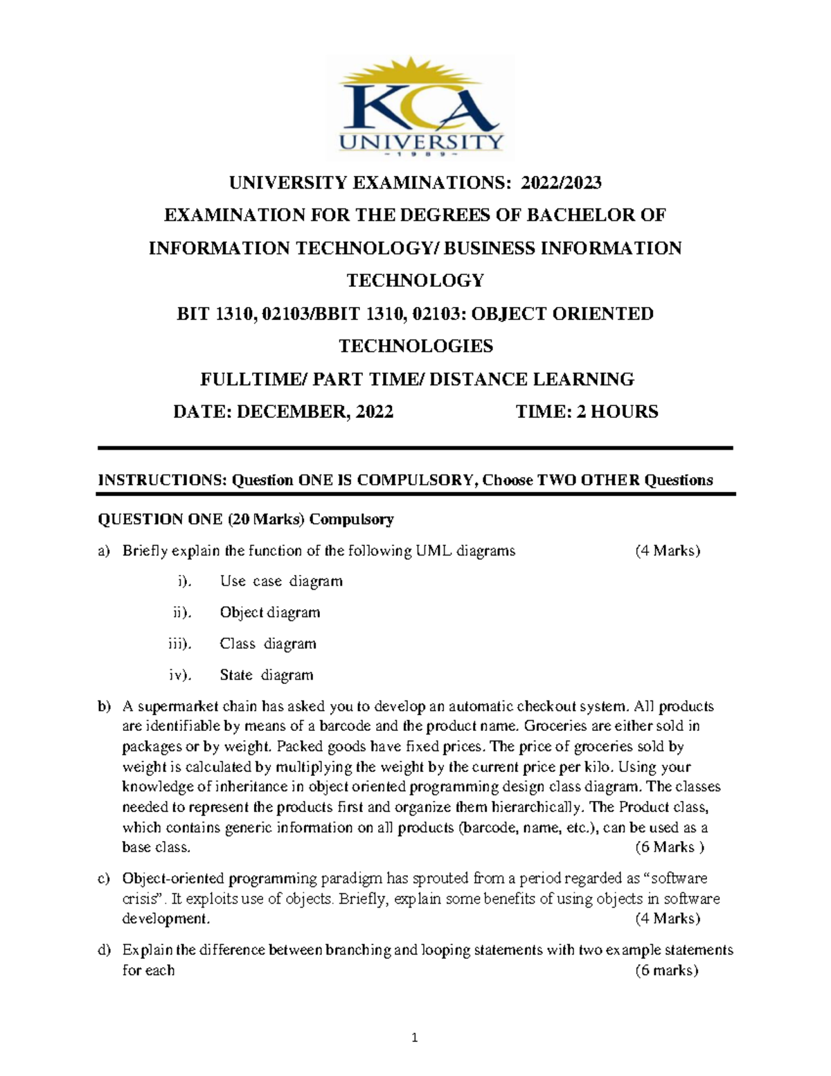 BIT 1310 Final Exam: Object Oriented Technologies Review 2022 - Studocu